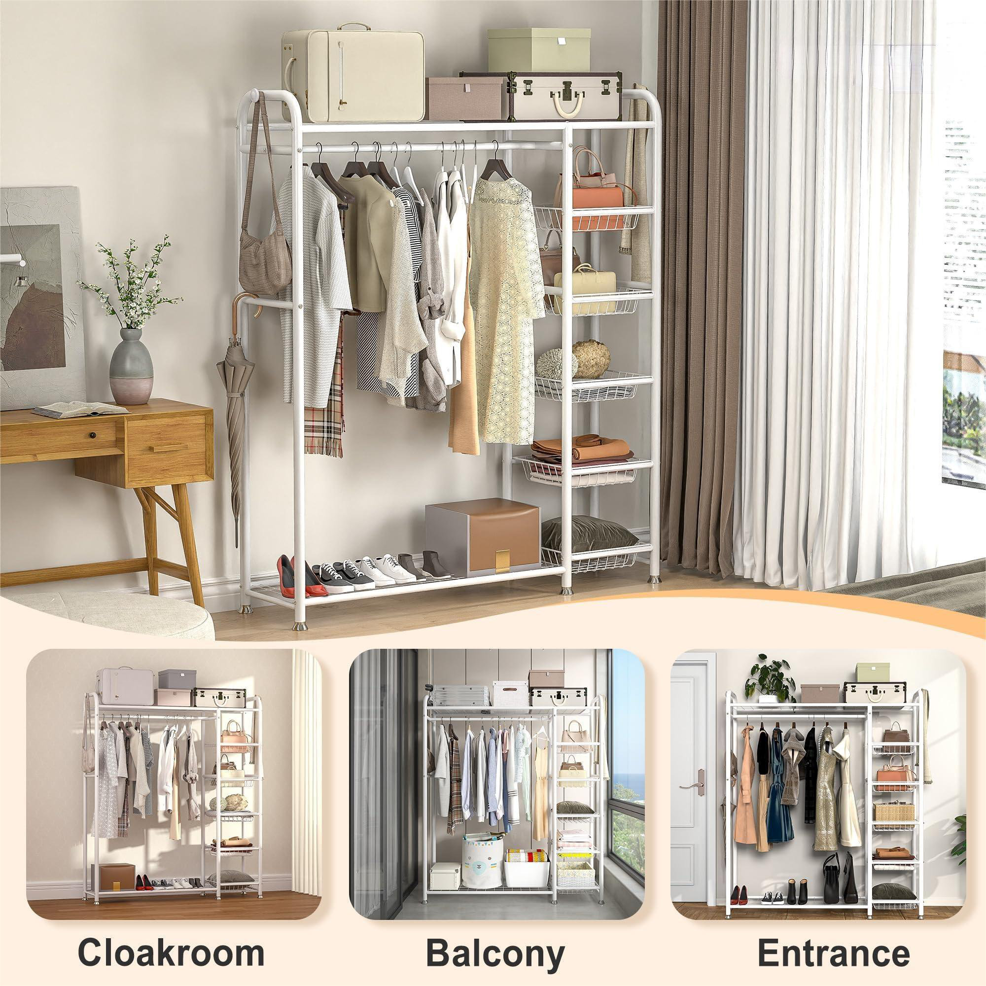 ColorLife White Metal Garment Rack For Hanging Clothes, Sturdy ...