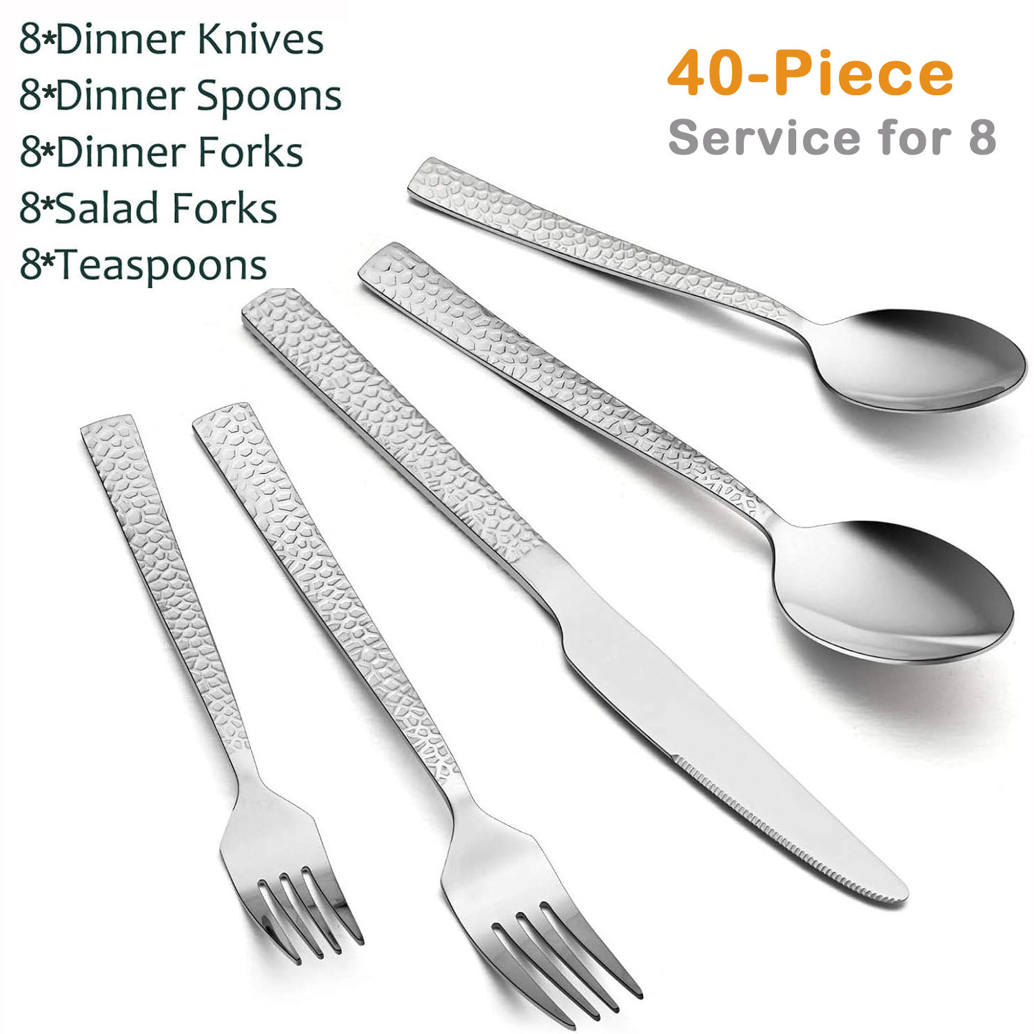 Lark Manor™ Hammered Flatware Set, 40PCS Stainless Steel Square ...
