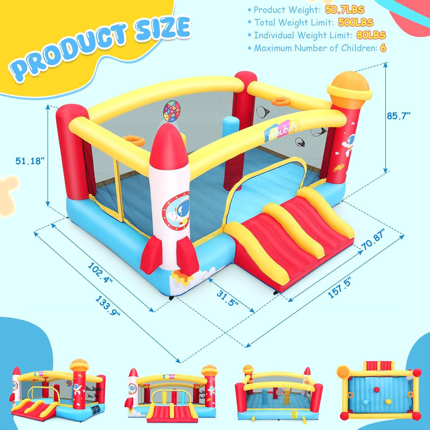 Ancheer 13X11x7ft Extra Large Kids Space Rocket Bounce House With Air ...