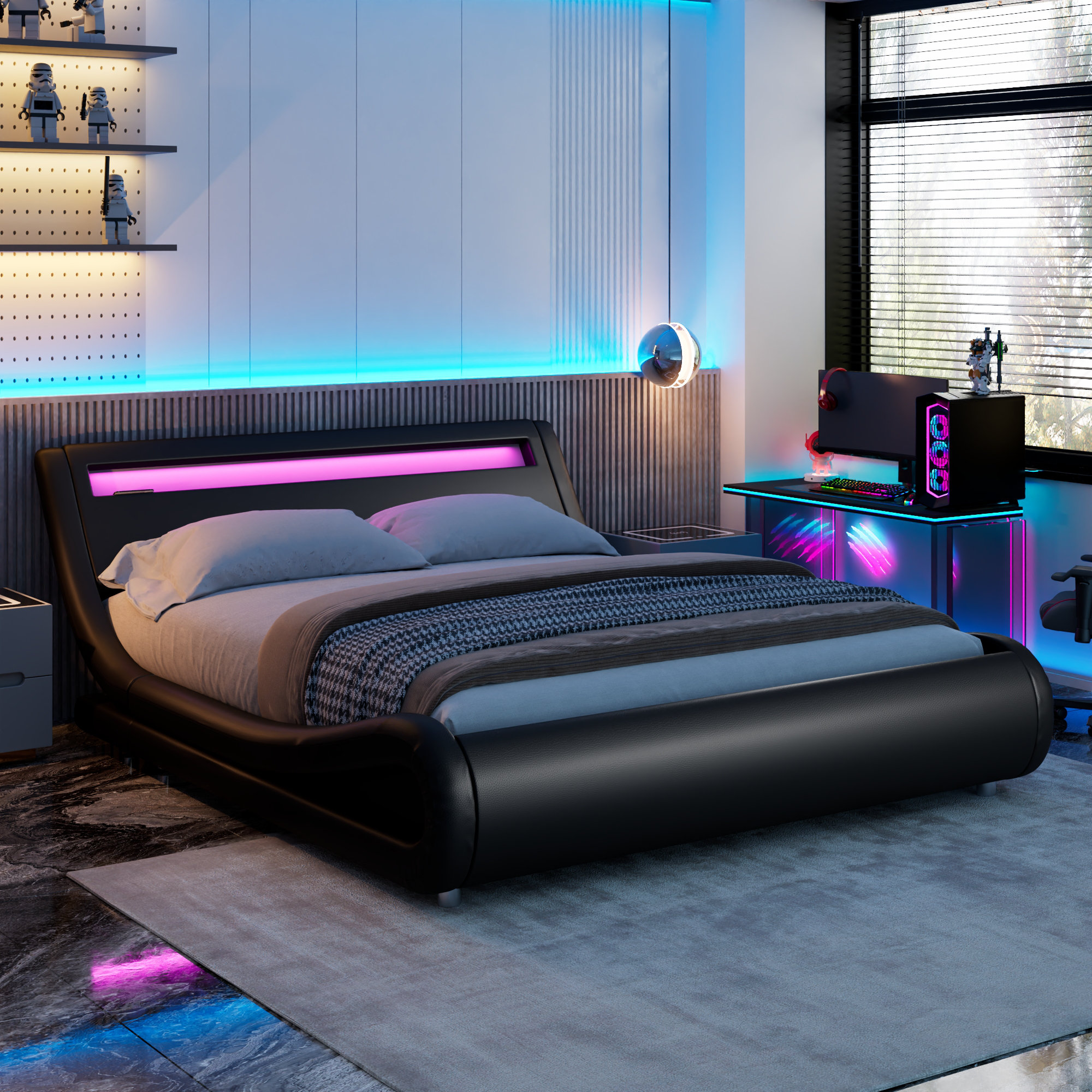 Wade Logan® LED Sleigh Bed Frame With Adjustable Headboard & Reviews ...