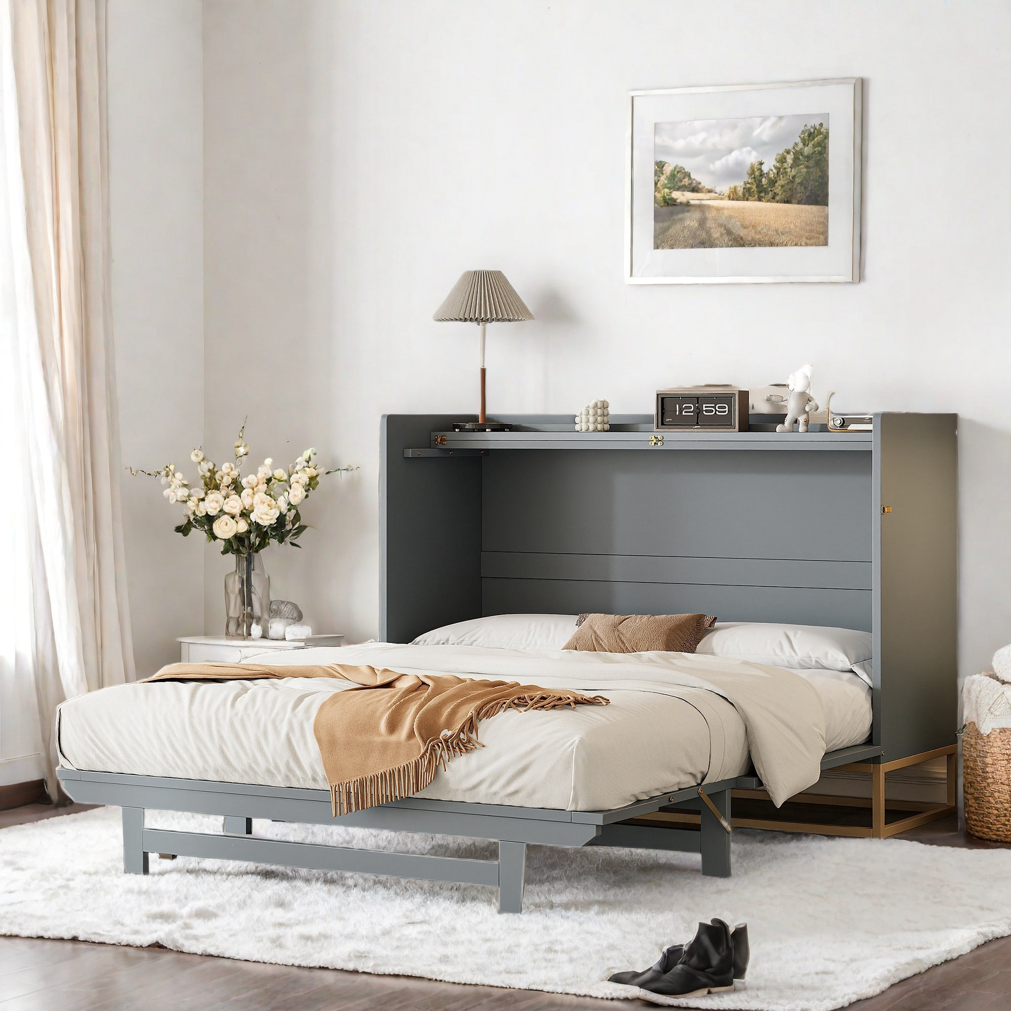 Red Barrel Studio® Matthieu Modern Bed With Iron Legs, Upright Cabinet ...