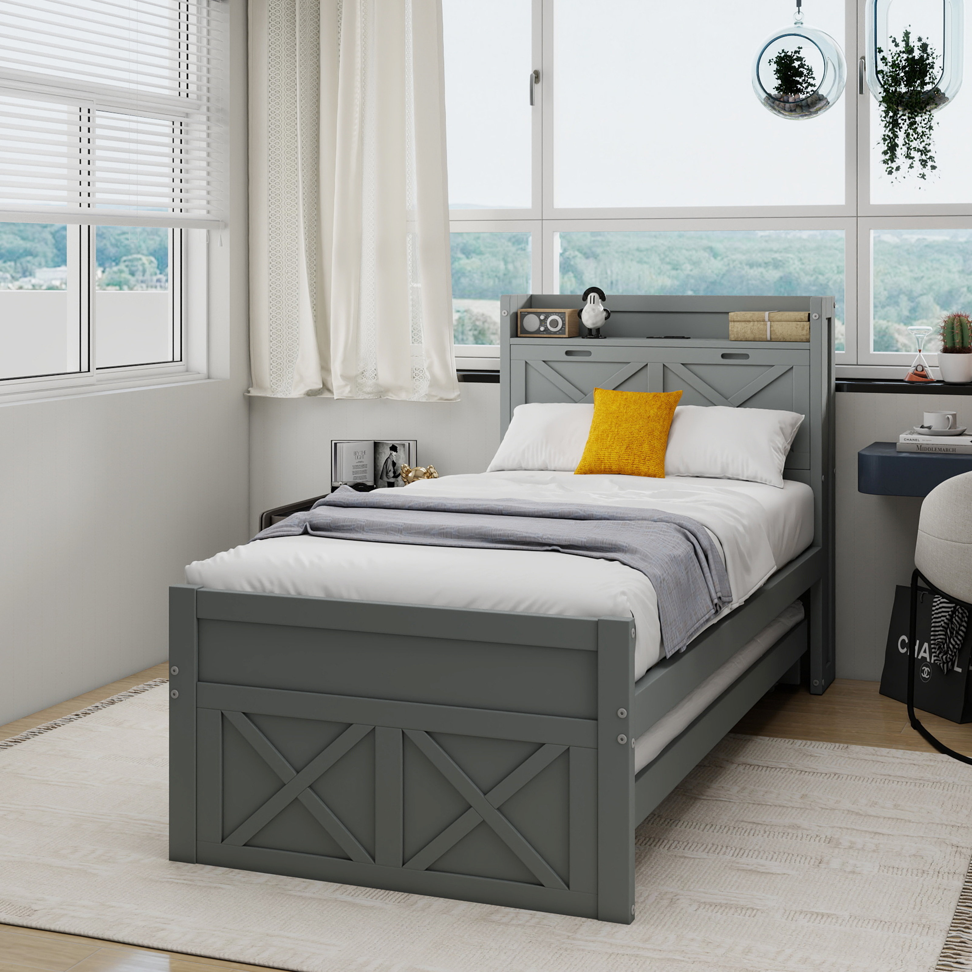 Gracie Oaks Full Size Wooden Bed With Storage Headboard With Outlets ...