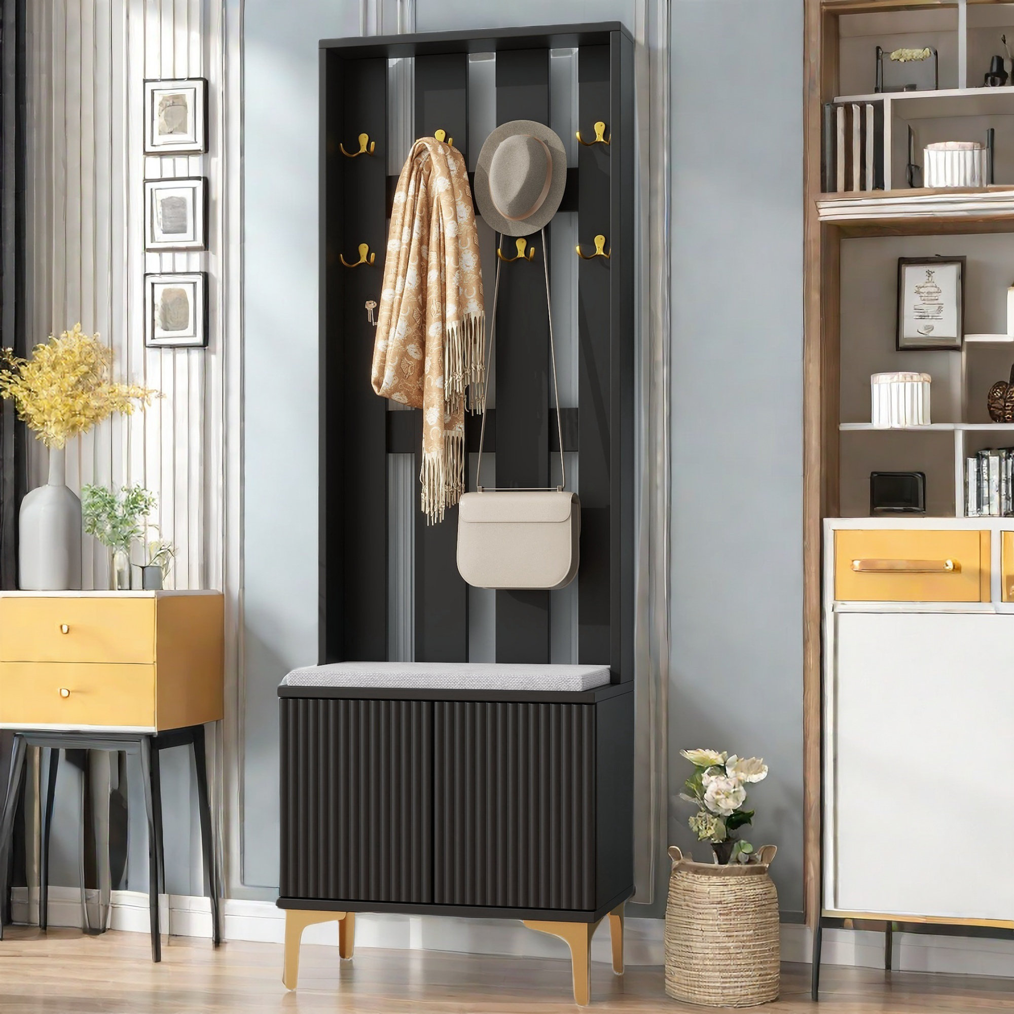 Mercer41 Nora Hall Tree With Cushion, Versatile Coat Rack With 8 Gold ...