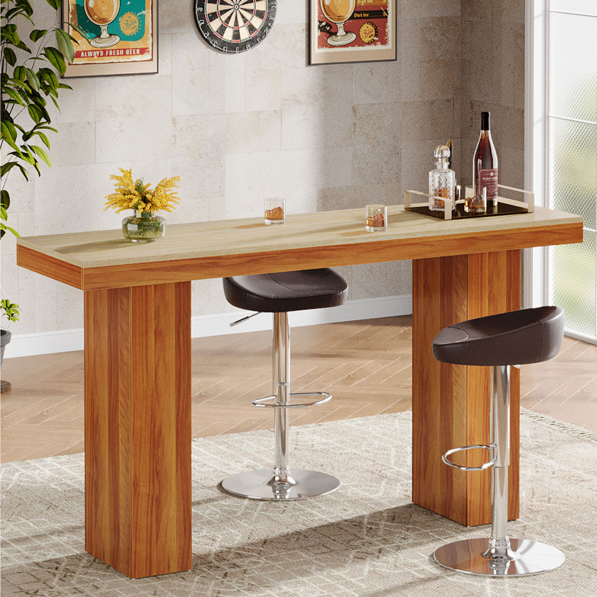 Ebern Designs 62.9 Inch Bar Table Wood Counter Height Pub Table | Wayfair
