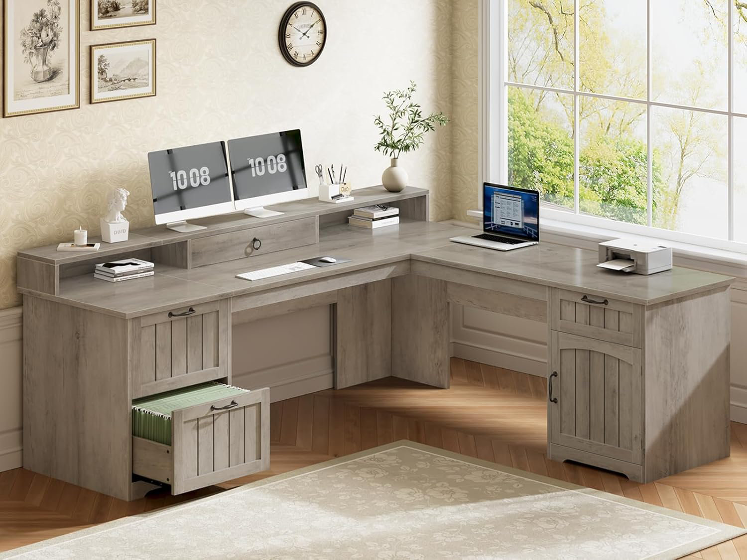 Inbox Zero 63" L Shaped Desk With Drawers, Farmhouse Corner Computer ...