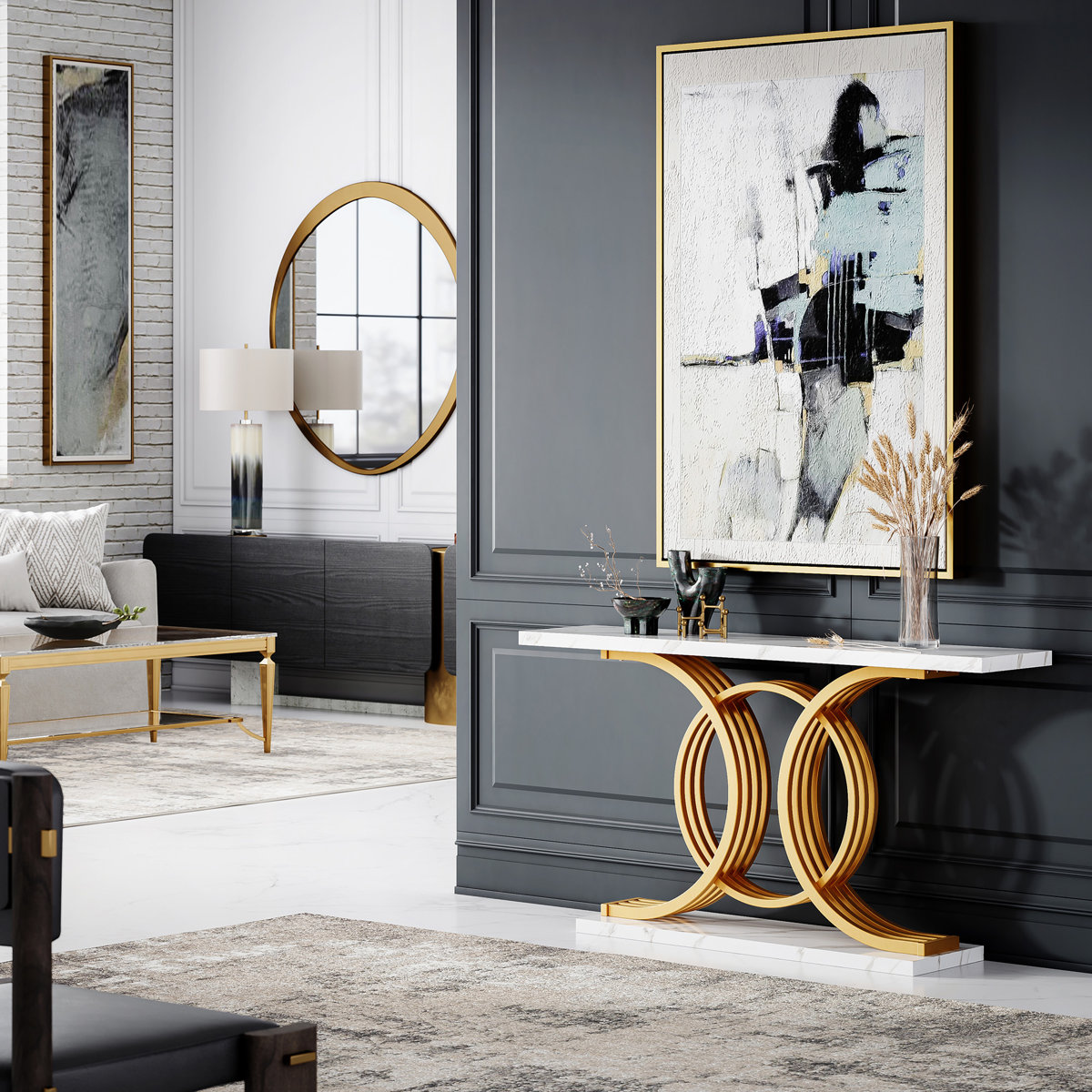 Mercer41 55 Inch Gold Entryway Table, Modern Faux Marble Console Table ...