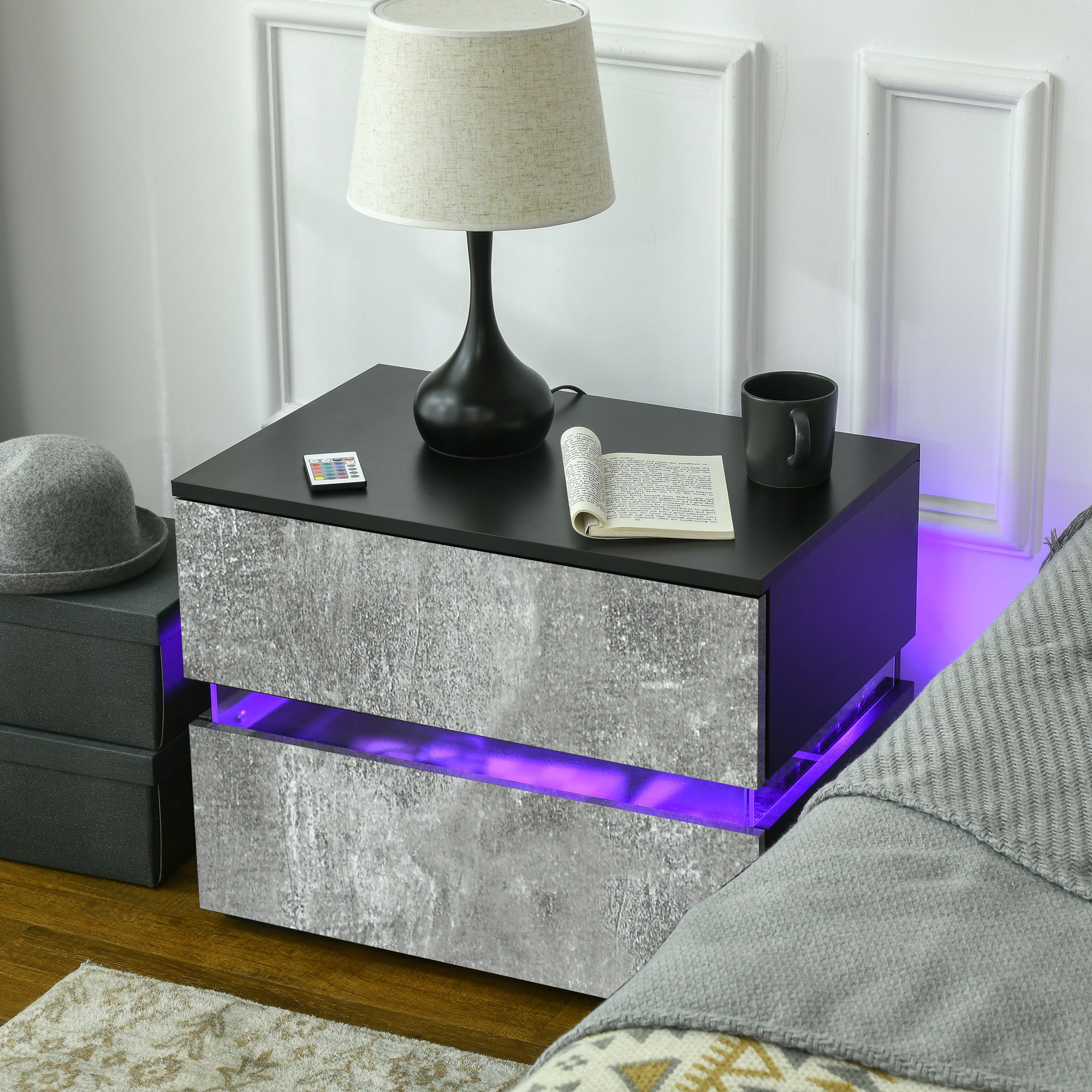 Wrought Studio LED Nightstand Bedside Table with High Gloss Drawers LED ...