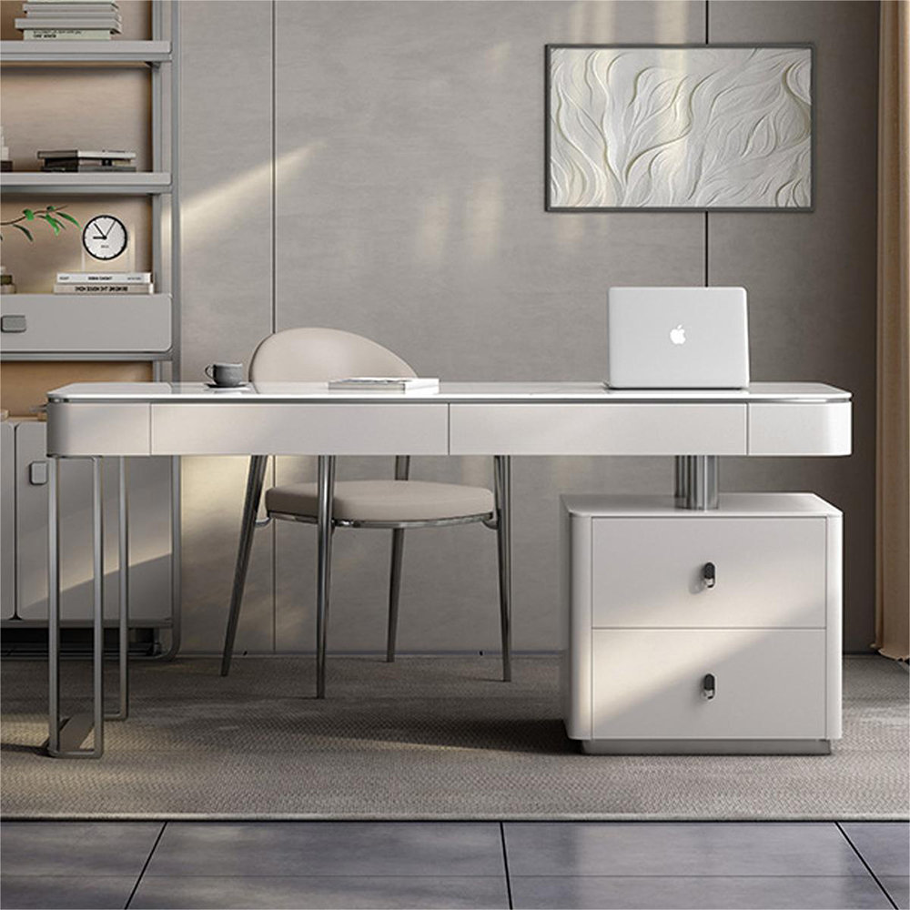Groove Interior White Rectangular Manufactured Wood with 2 drawers desk ...