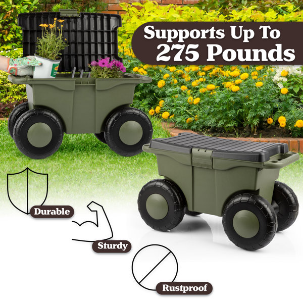Pure Garden Rolling Garden Cart with Seat - Plastic Storage with Bench ...