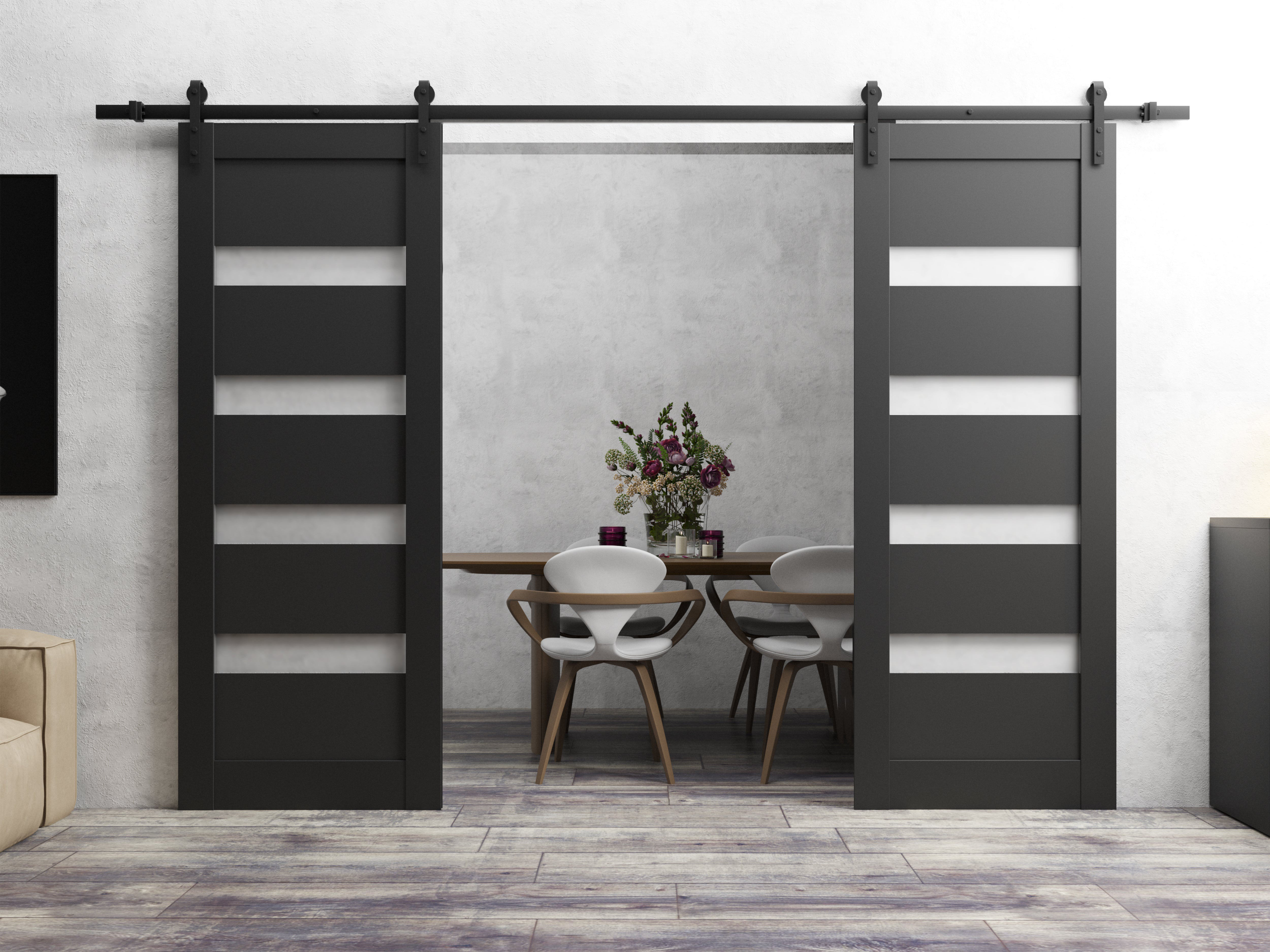 SARTODOORS Quadro Frosted Glass Panelled Wood Barn Black Doors ...