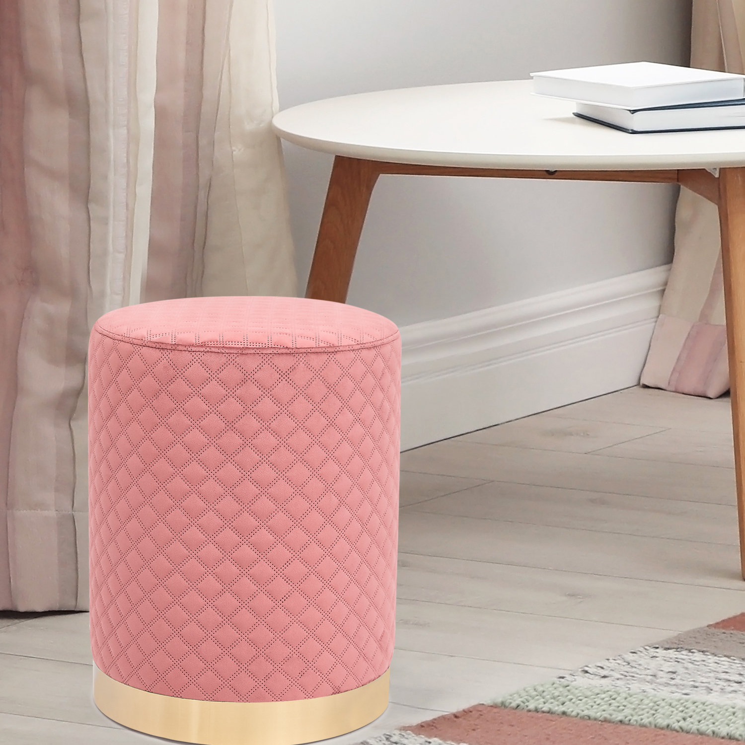 Mercer41 Jerelly 13.7" Wide Velvet Round Geometric Footstool Ottoman ...