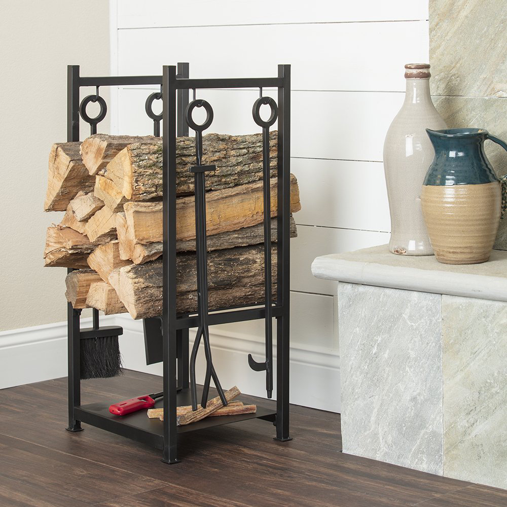 COAHAHA 2-Tier Wrought Iron Log Rack With Tool Set – Durable Black ...
