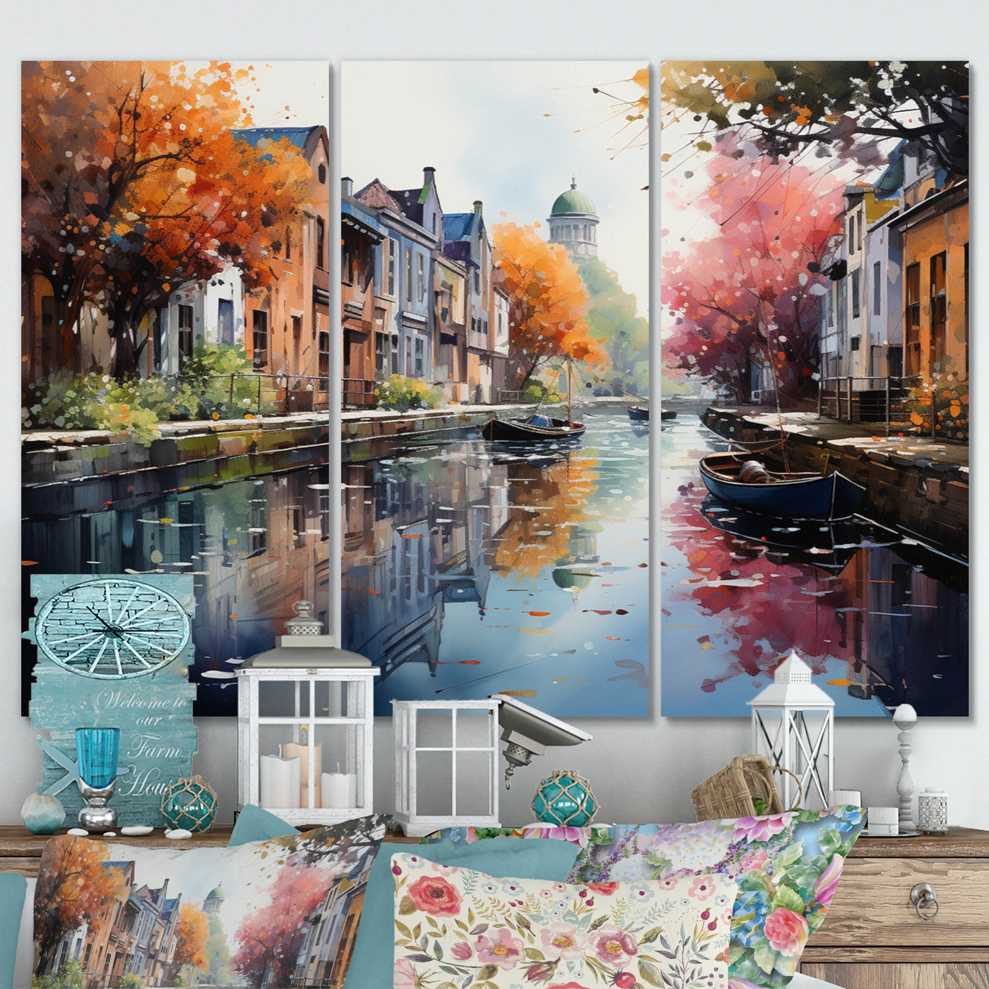 Design Art Pink Canal Vibrant Waterways Pointillism - Canals Metal Wall ...