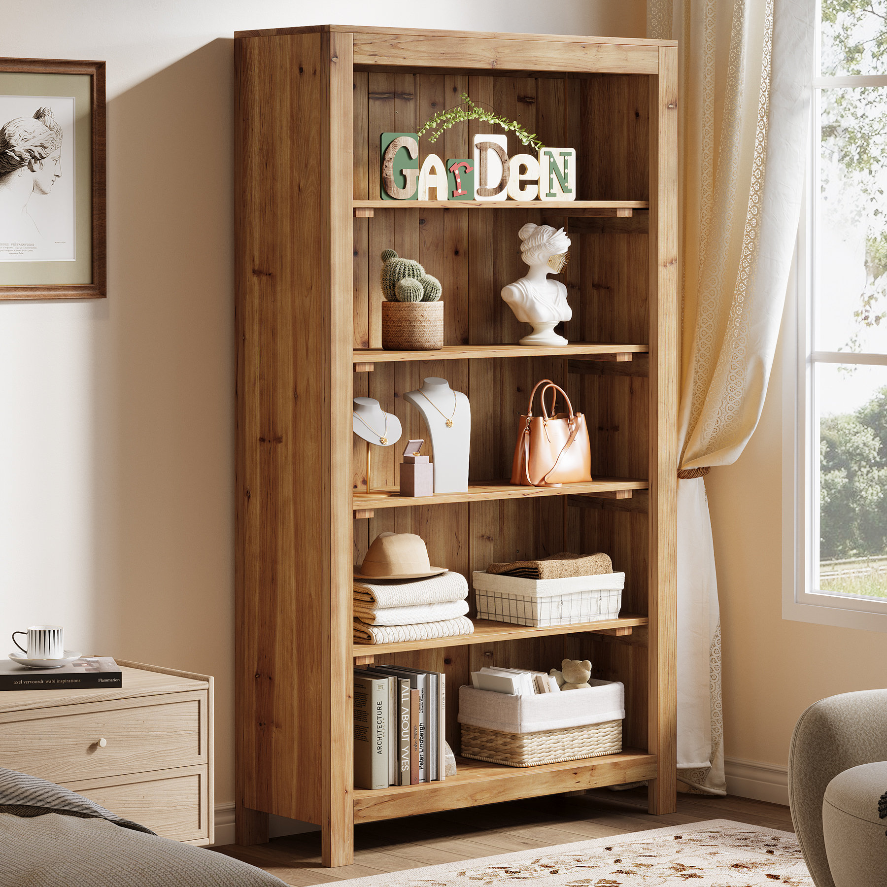 17 Stories Rustic Solid Wood 5-Shelf Bookcase - Farmhouse Style Open ...