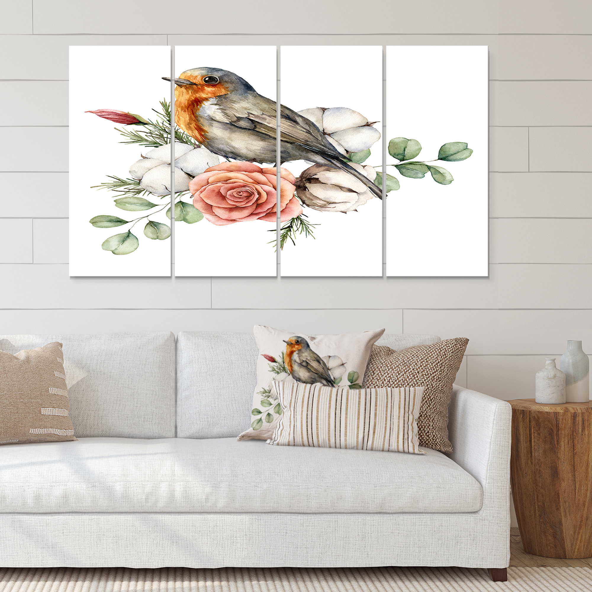East Urban Home " Robin Redbreast With Cotton Rose And Leaves " 4 ...