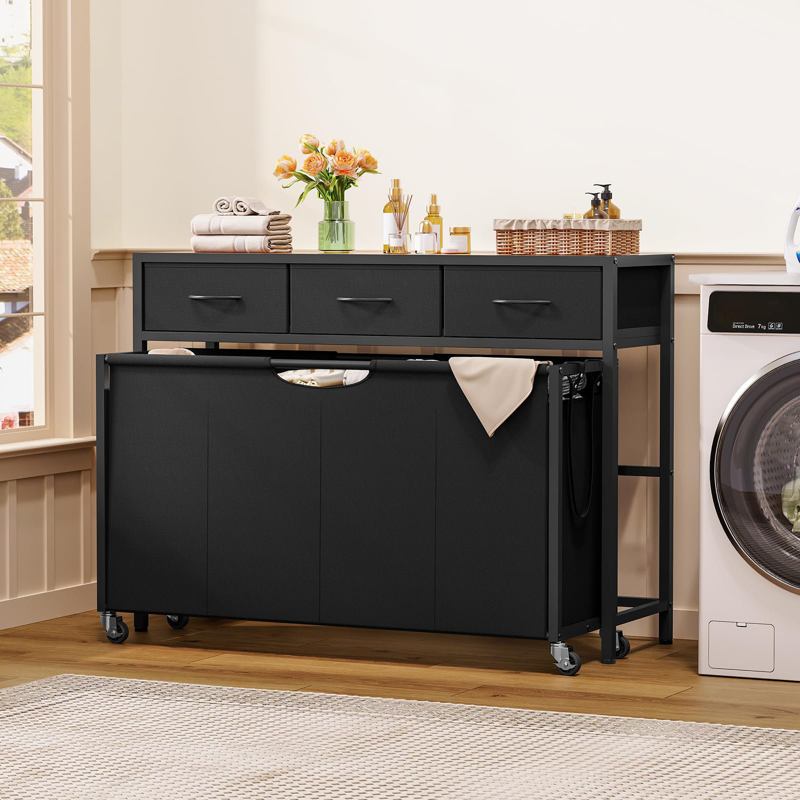 Hokku Designs Rolling Laundry Hamper With 3 Section Pull-Out Bags ...