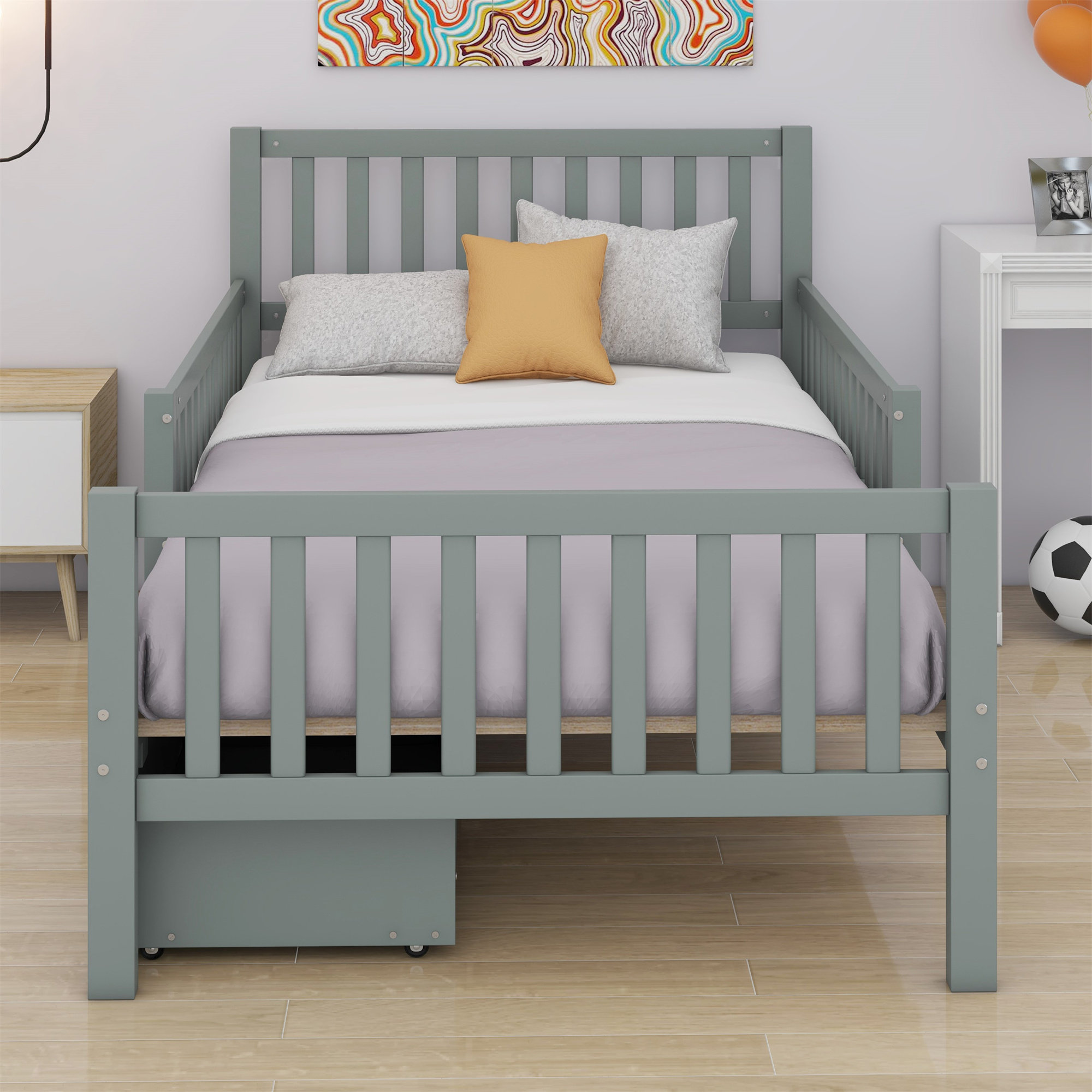 Lark Manor Lit plateforme en bois avec garde-corps des deux côtés et deux tiroirs de rangement ...