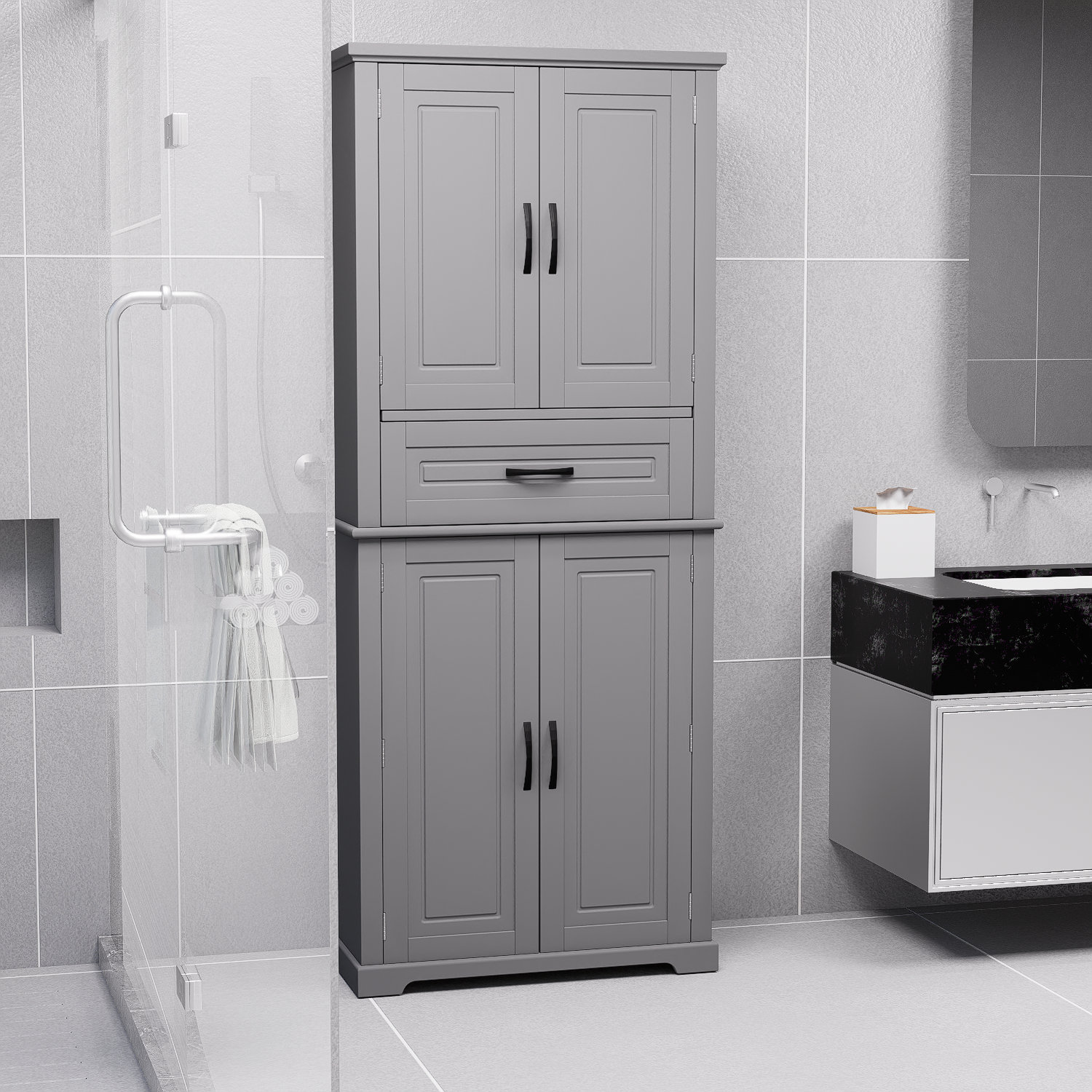 Wildon Home® Grey Bathroom Cabinet With Multifunctional Storage Space ...