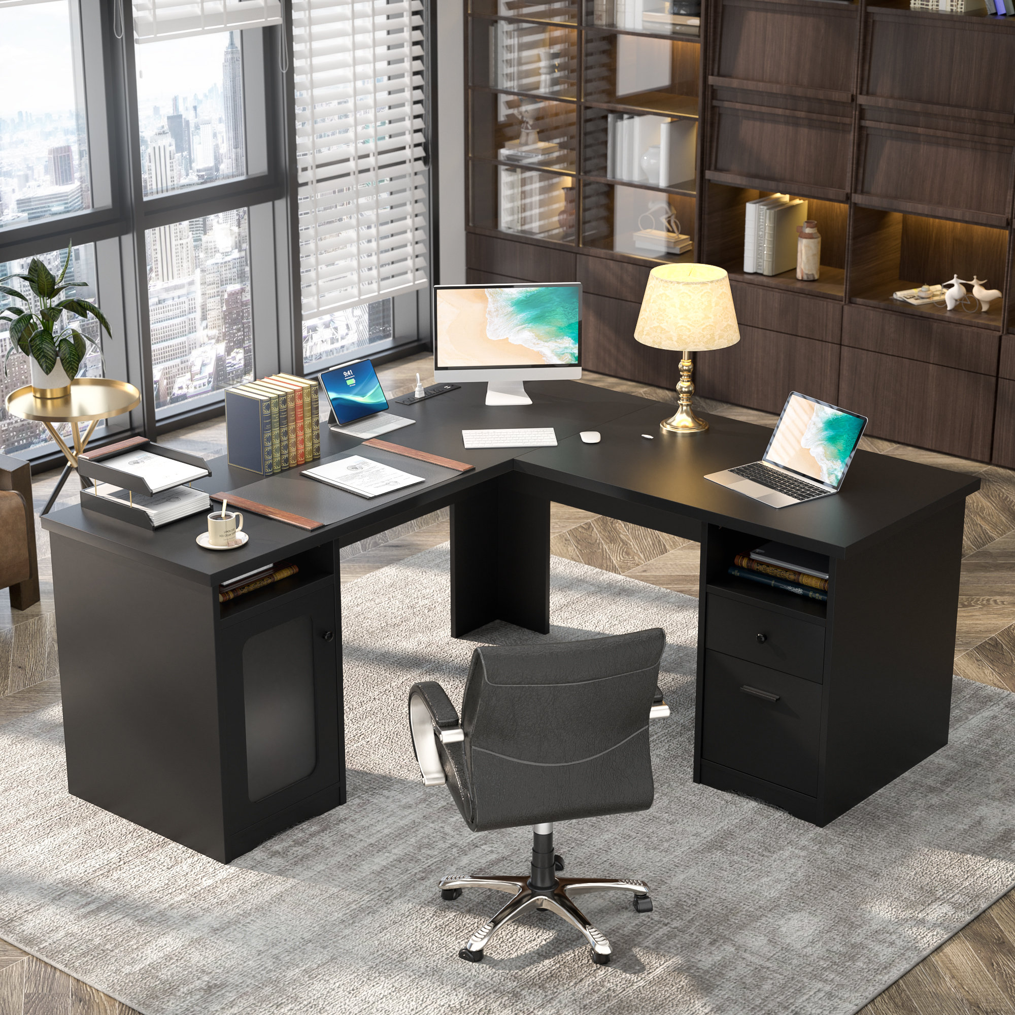 Latitude Run® Detcho 60'' L Shaped Executive Desk with Drawers and ...