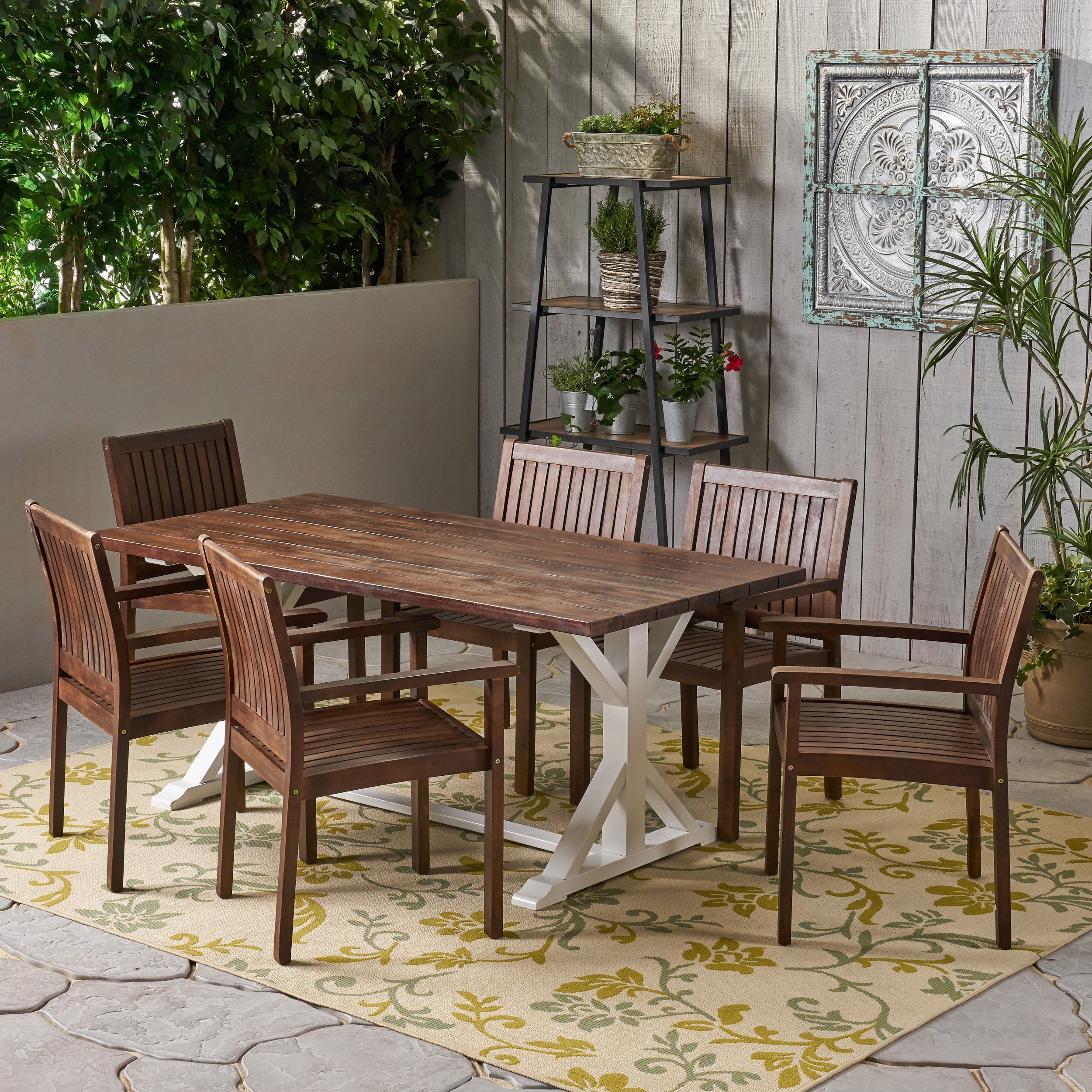 Gracie Oaks Preston Outdoor Rustic Farmhouse 7 Piece Dining Set | Wayfair