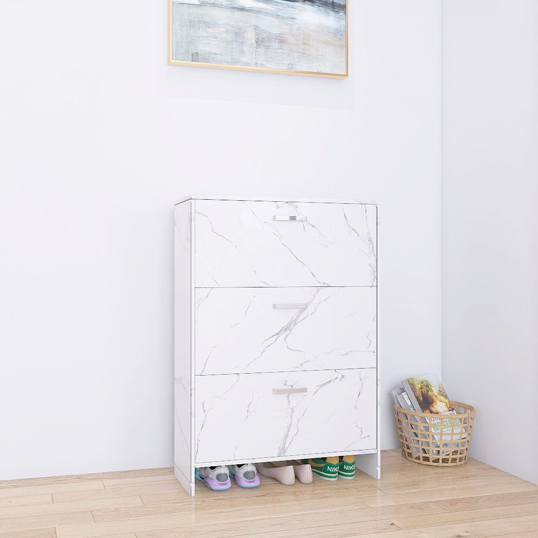 Ebern Designs Marble Colour High Glossy 3 Doors Shoe Cabinet With Retro ...