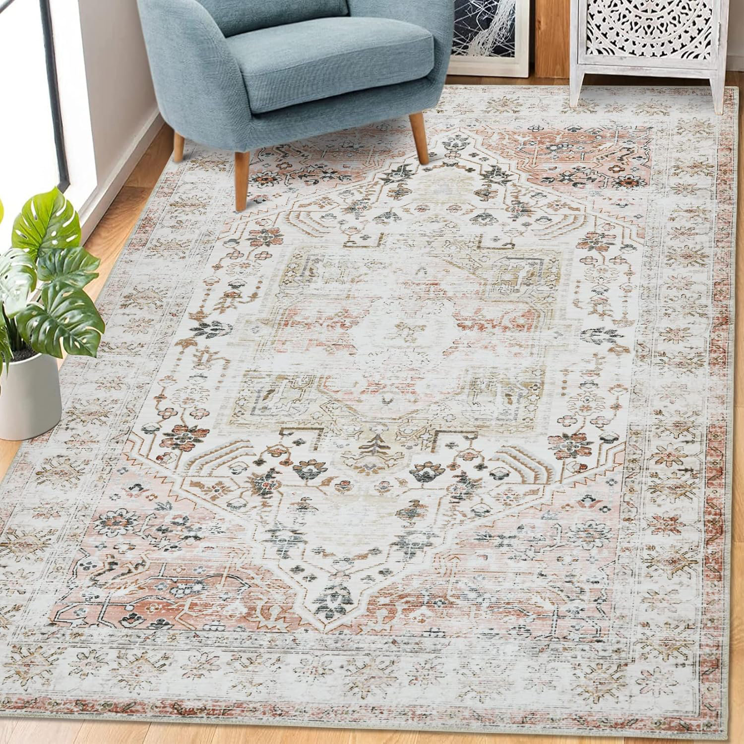 Winston Porter Large Vintage Rug Thin Washable Non-Slip TPR Backing Low ...