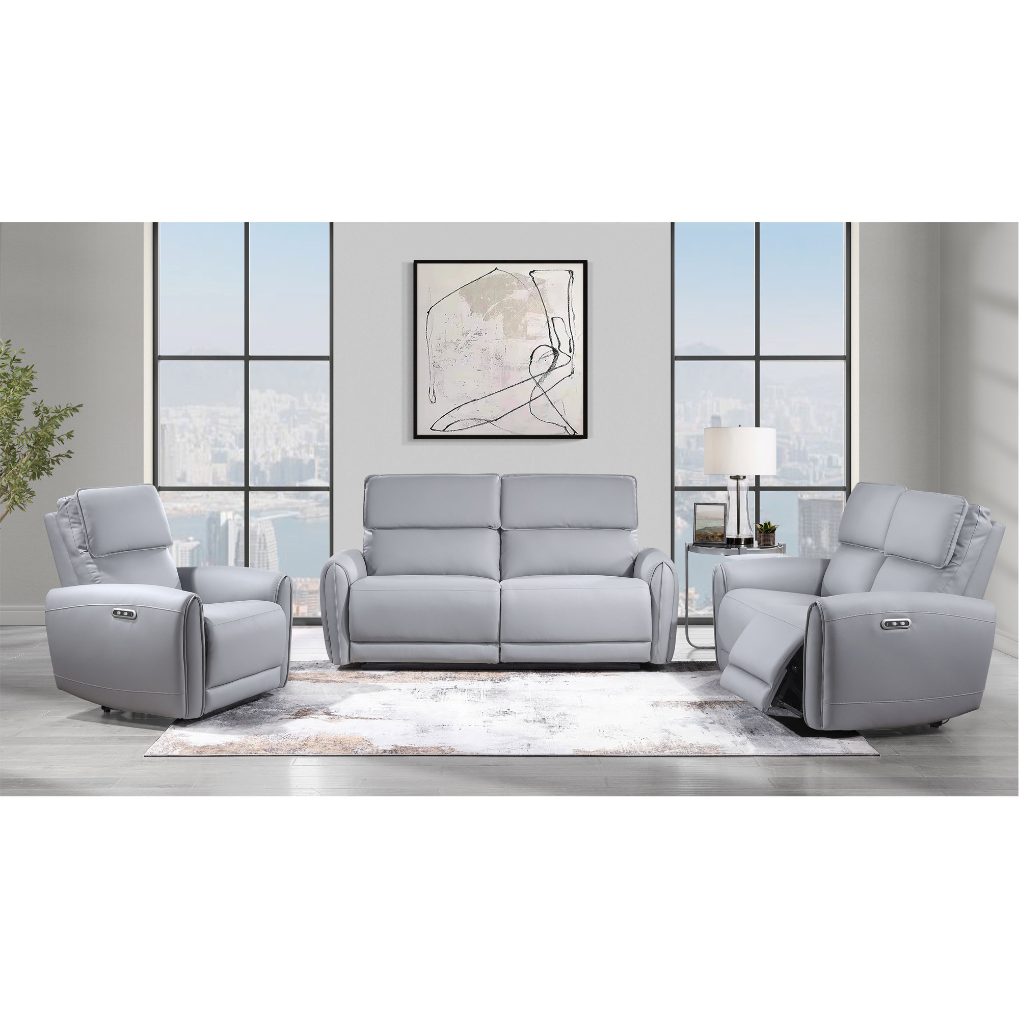 Latitude Run® Jeromie 3 Pieces Gray Faux Leather Power Motion Living ...
