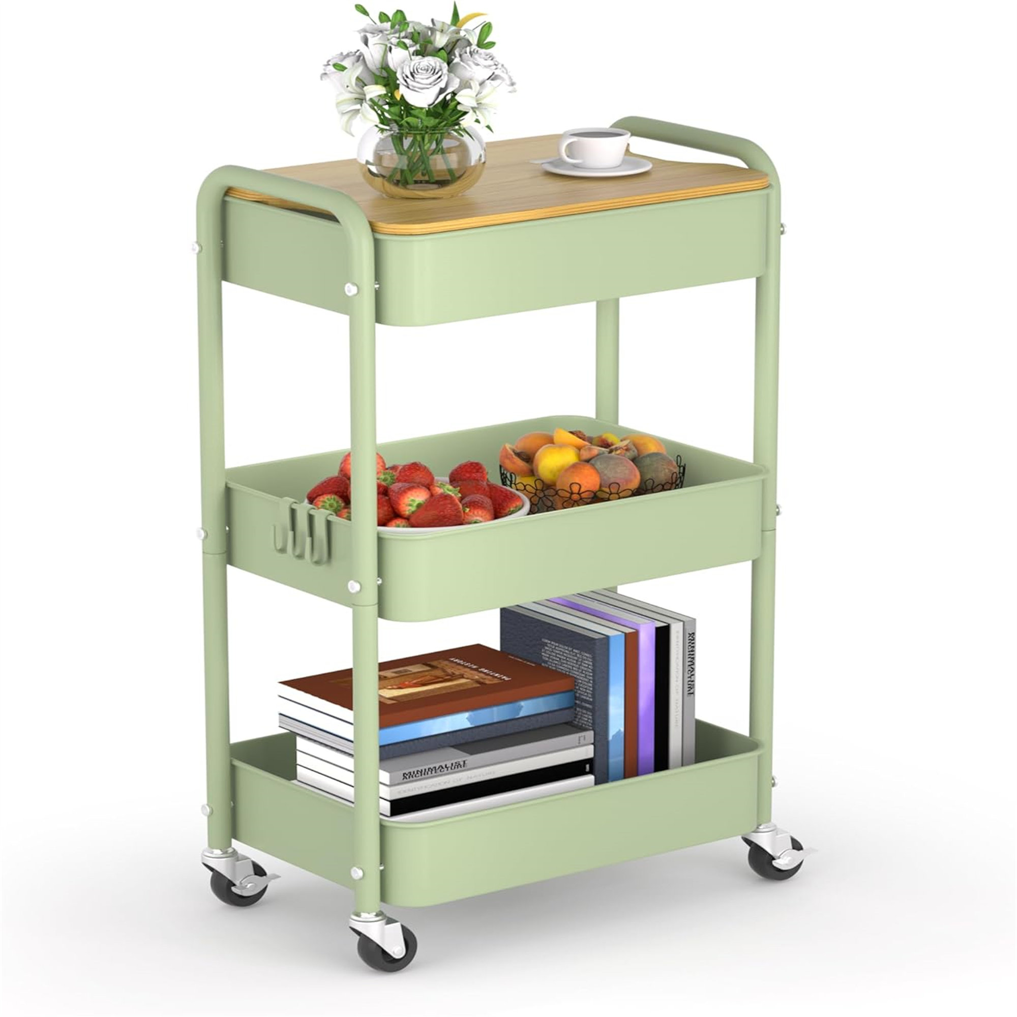 SUBORM 3-Tier Metal Utility Cart with Lockable Wheels, Metal Storage ...