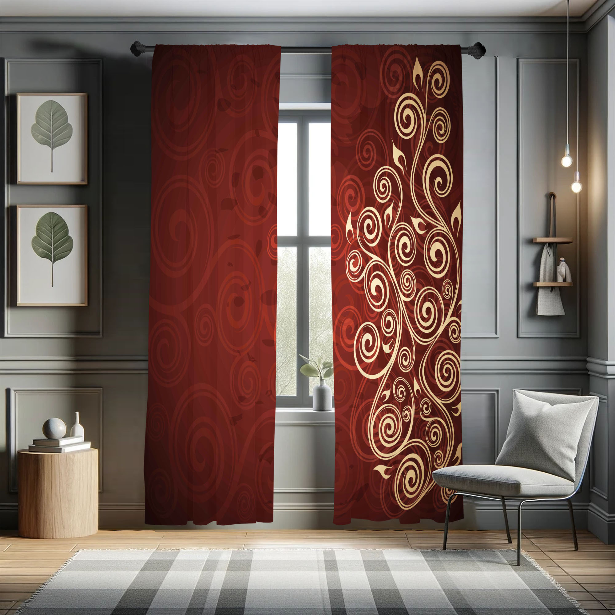 George Oliver Burgundy Curtains, Ombre Flower Swirl Ivy, Cream Ruby ...