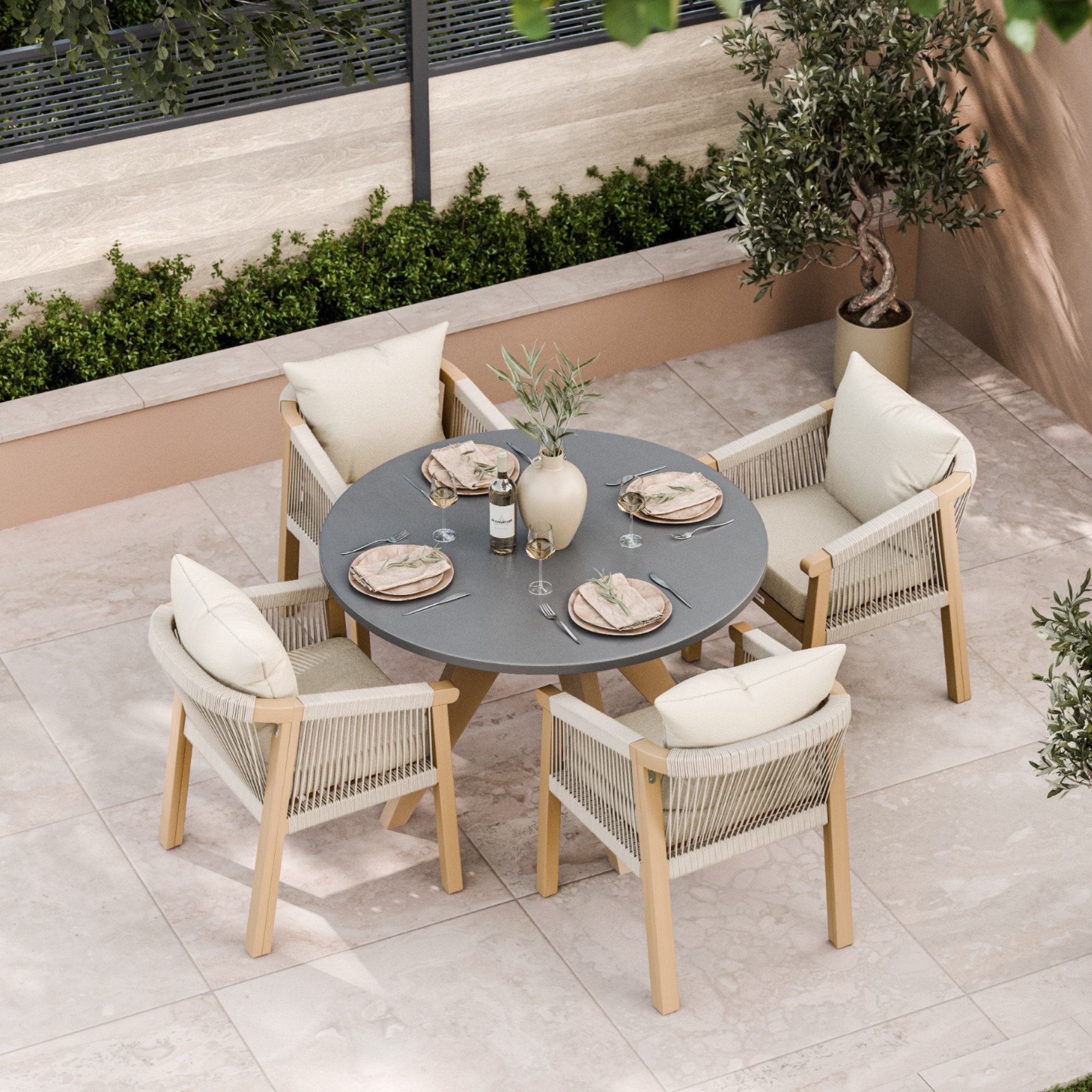 Royalcraft Luna 120cm Round concrete table with 4 Roma Dining Chairs ...