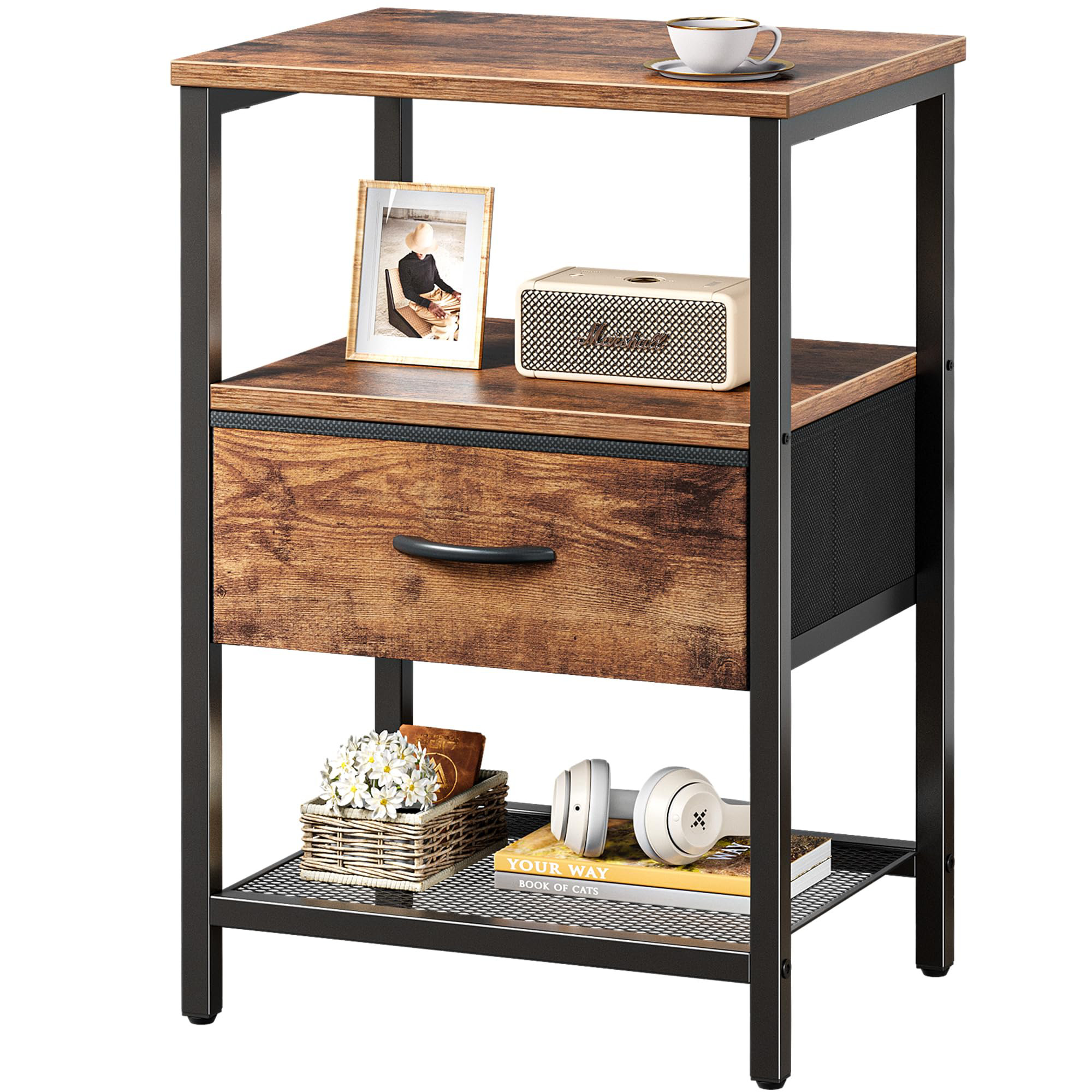 17 Stories Side Table With Grid, Open Shelving, Metal Frame, Brown ...