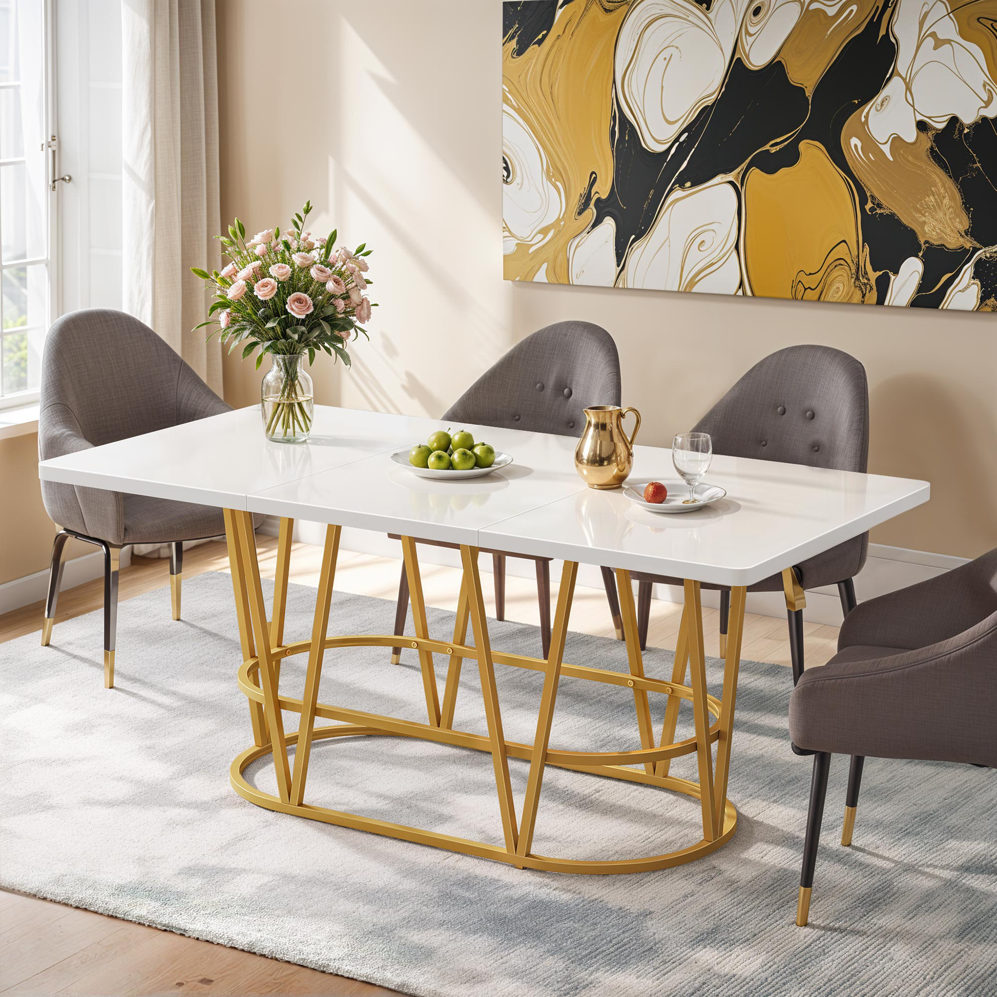 Mercer41 Jussuf 70" Metal Base Multifunction Dining Table with Gold ...