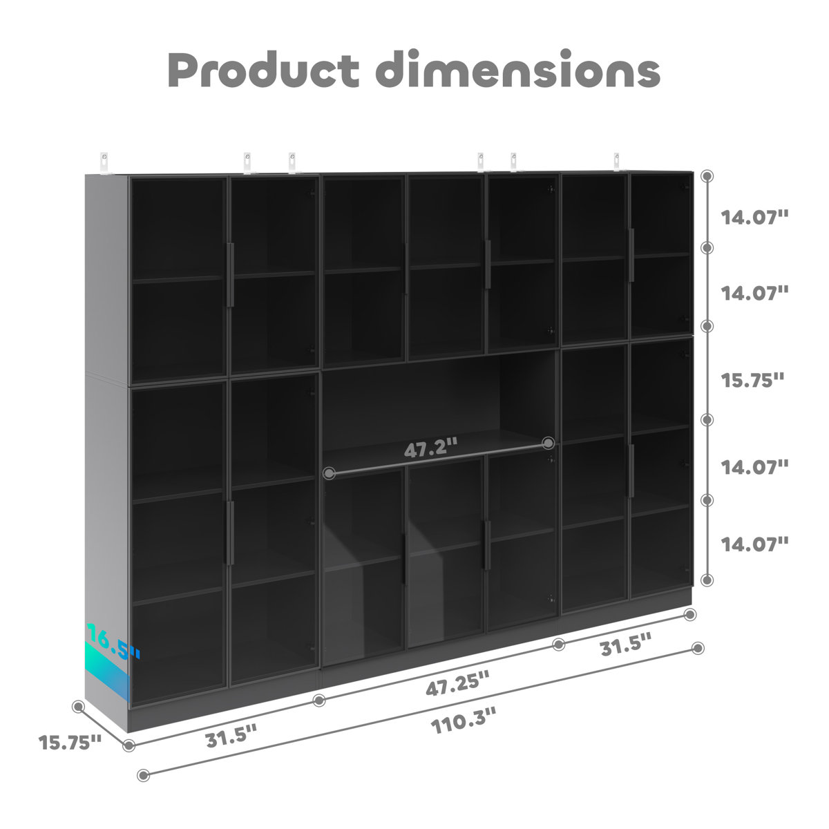 Hokku Designs 110 '' W Black Combination Bookcase With Glass Doors And ...