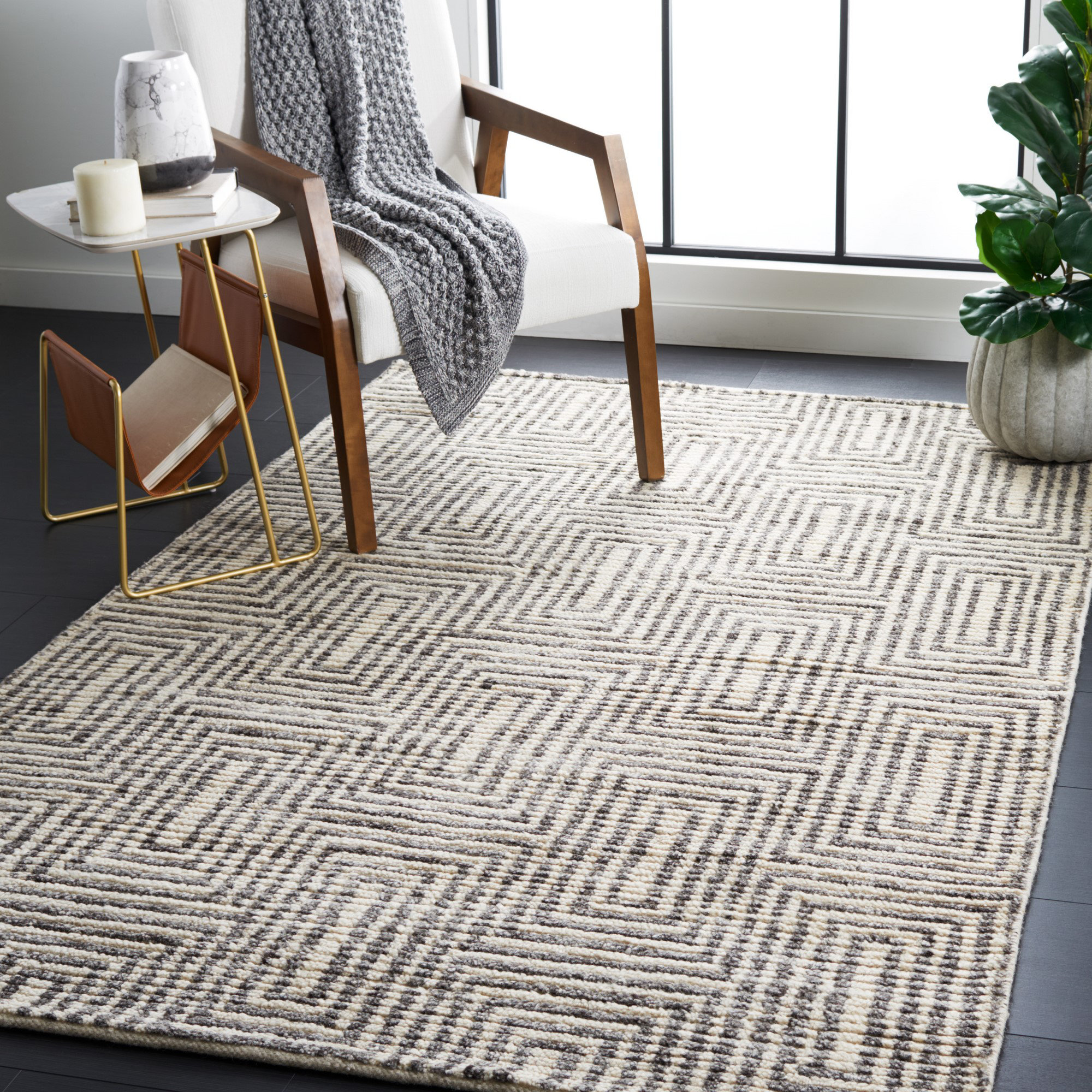 Corrigan Studio Slade Geometric Hand Knotted Wool/Cotton Black Area Rug ...
