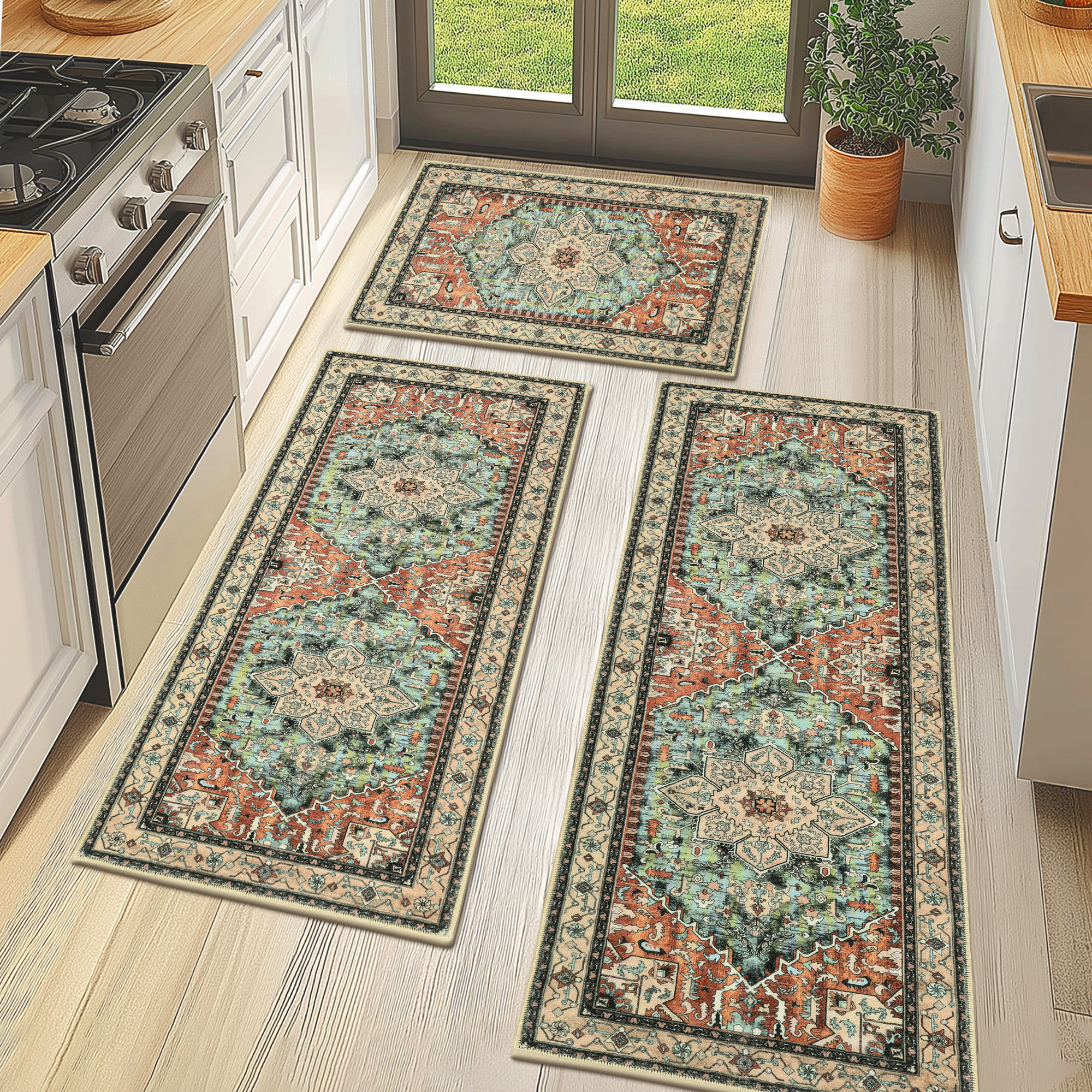 Bungalow Rose Faux Nylon Pile Non-Slip Washable Kitchen Mats (Set of 3 ...