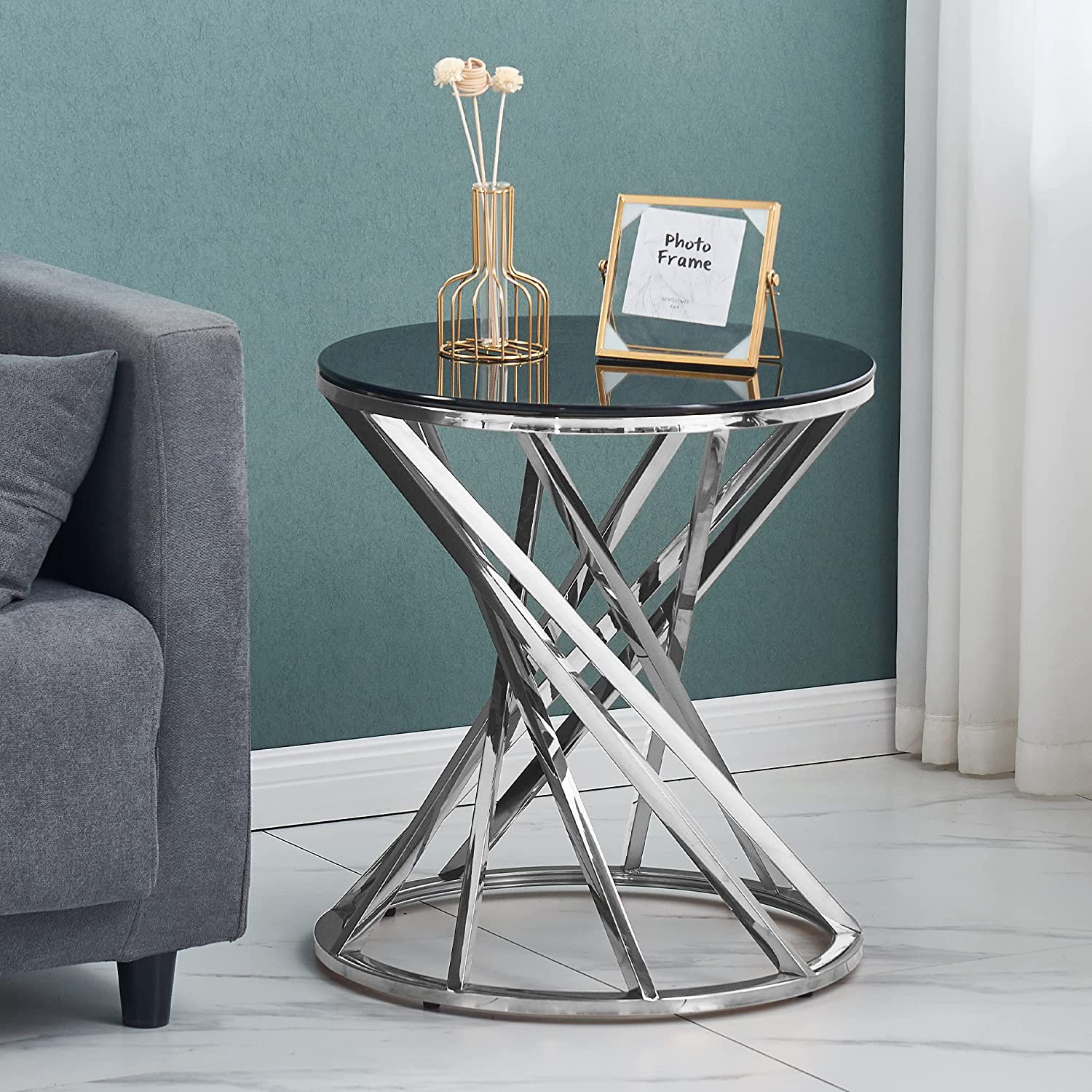 Canora Grey Chrome Round Stainless Steel Glass End Table For Living ...