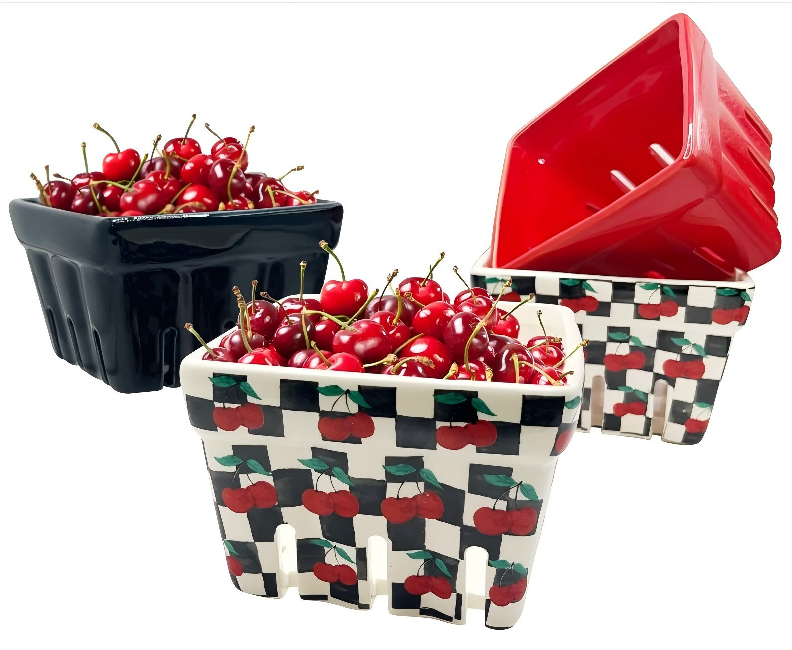 One Allium Way® Checkered Black And White With Red Cherries Pattern ...