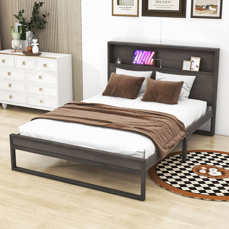 Latitude Run® Wooden Platform Bed with Storage Headboard, Socket and ...
