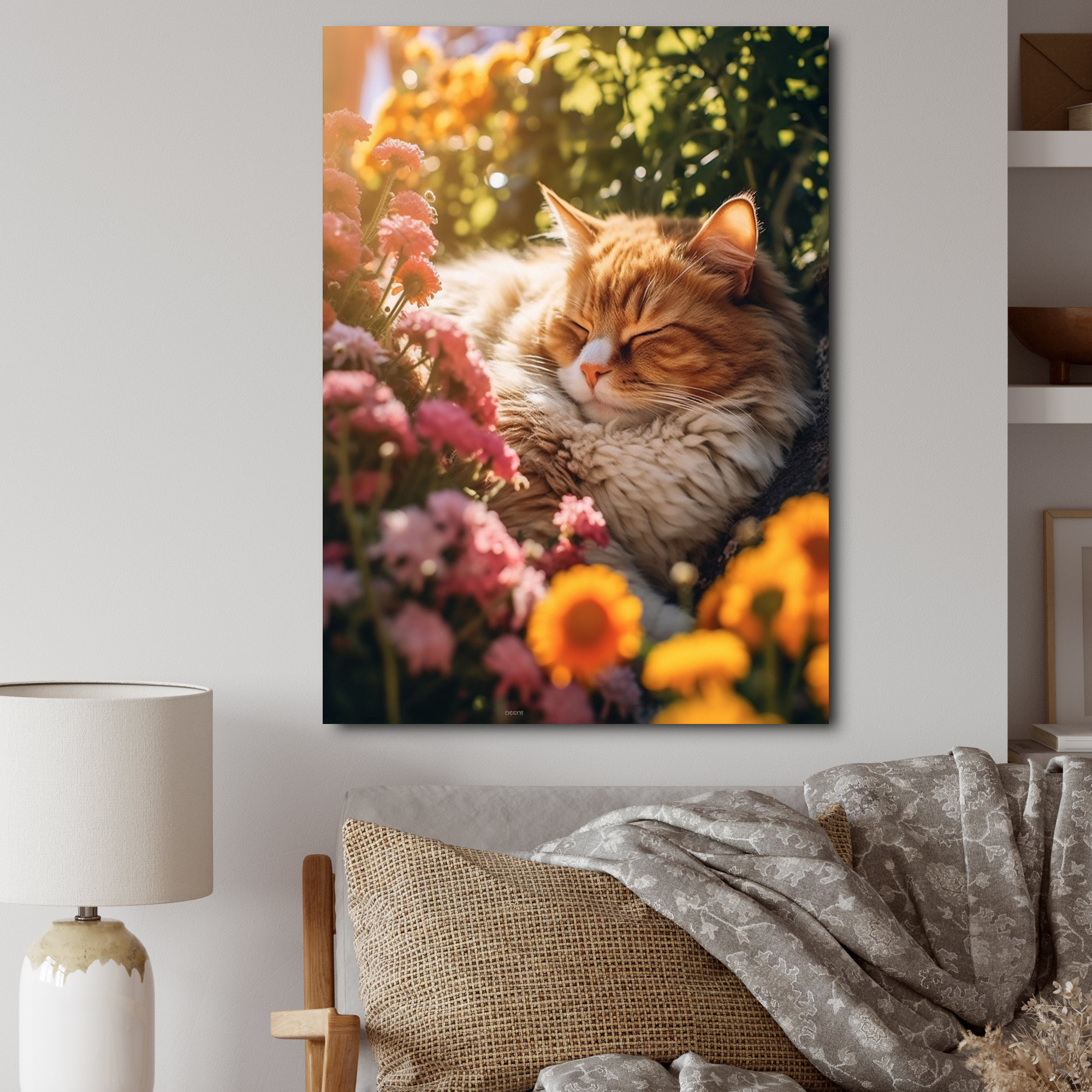 Ebern Designs Fluffy Cat Sleeping Sunny Flower Garden On Canvas Print ...