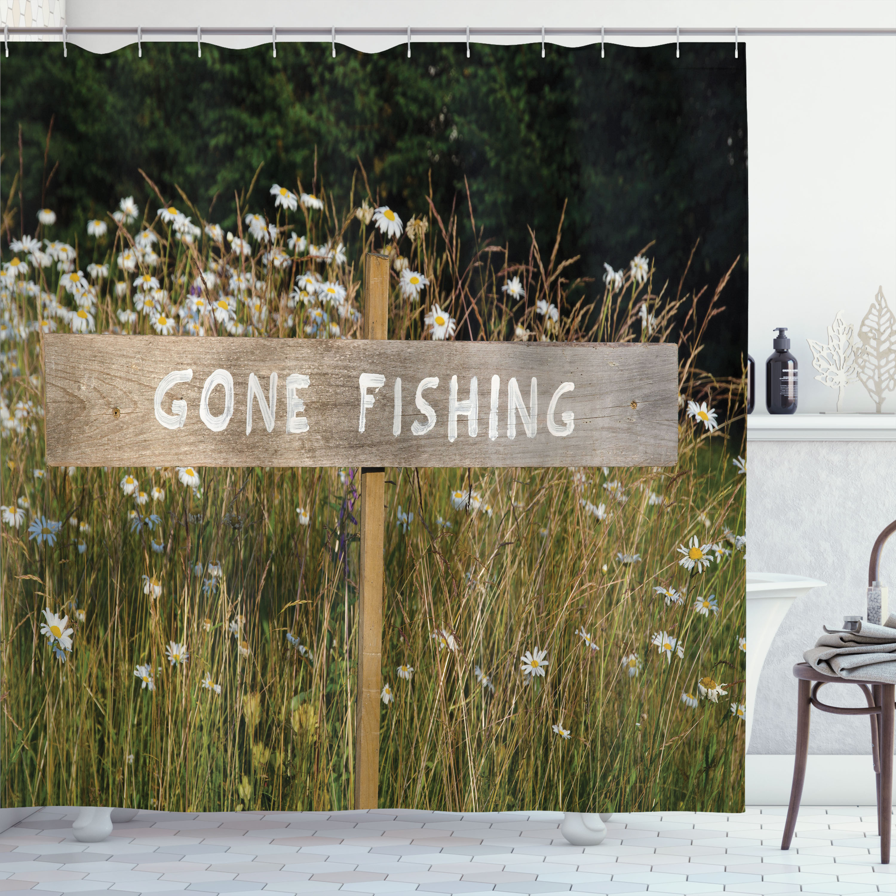 East Urban Home Fishing Theme Shower Curtain Sign Pole Among Field ...