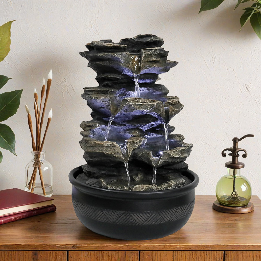 Ebern Designs Indoor Rock Tabletop Fountain Waterfall Fountain With LED ...
