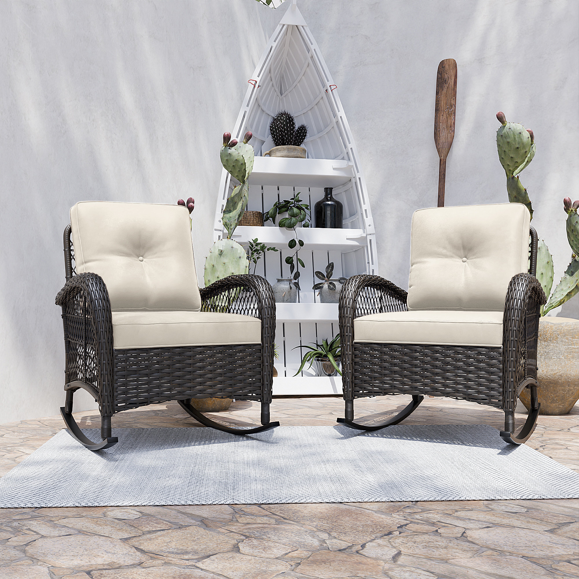 Lark Manor™ 2-Piece Wicker Rocking Chairs Set with Thick Cushions ...