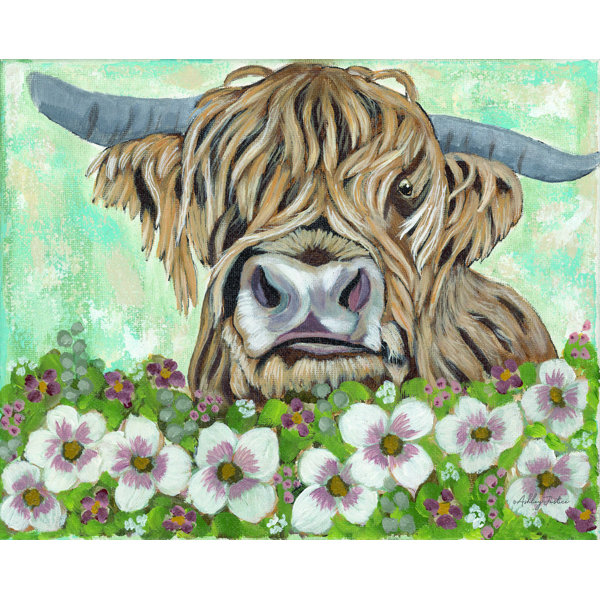 August Grove® Floral Highland Cow by Ashley Justice - Wrapped Canvas ...
