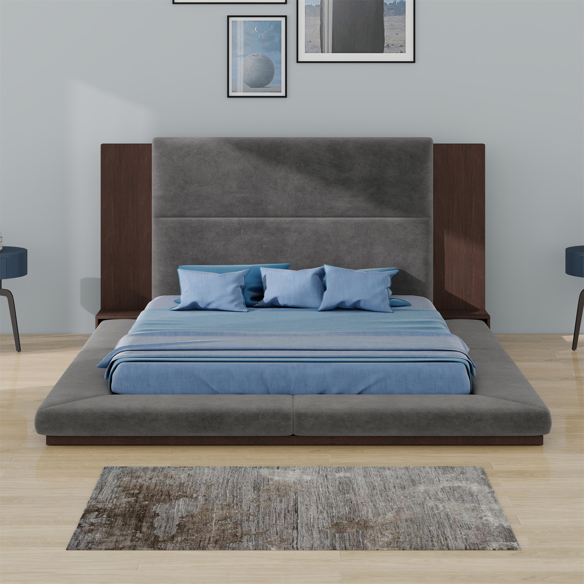 Latitude Run® Floor Upholstered Platform Bed With Extended Wood ...