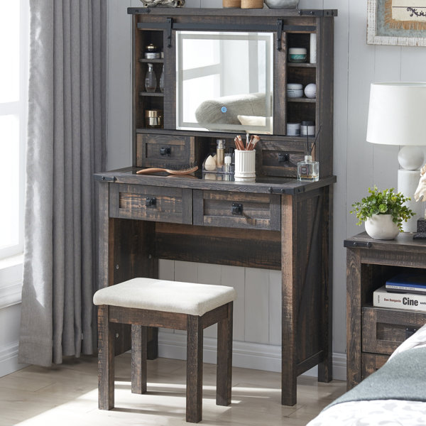 Millwood Pines Coiffeuse avec miroir coulissant à DEL Valyre et ...