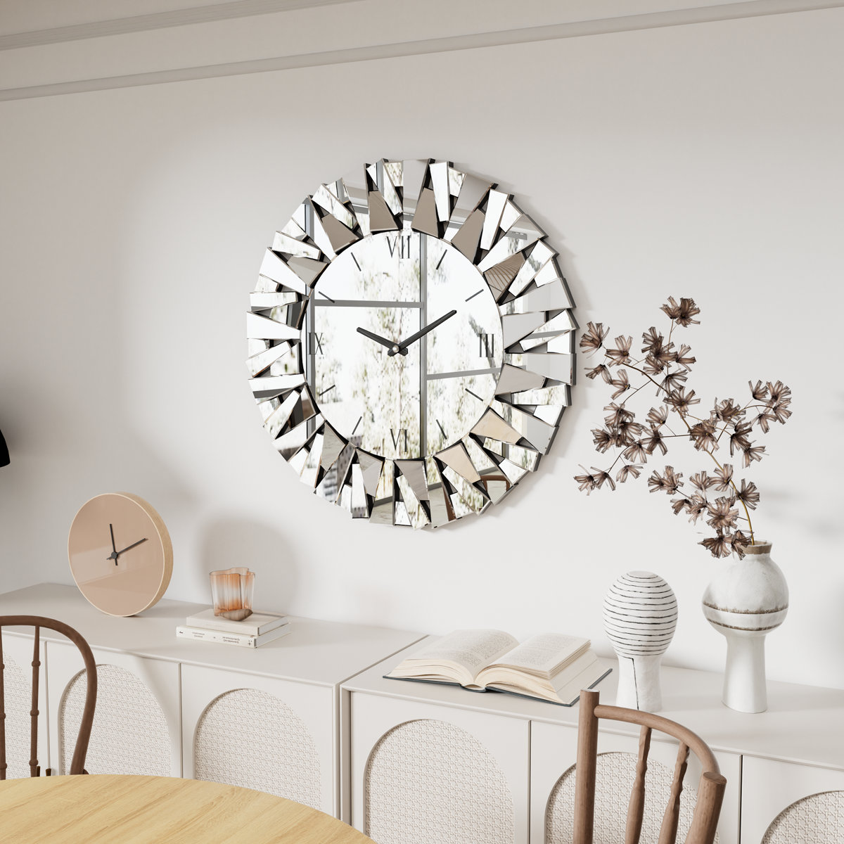 LUVODI Modern Round Beveled Glass Edge Wall Mounted Mirrored Clock ...