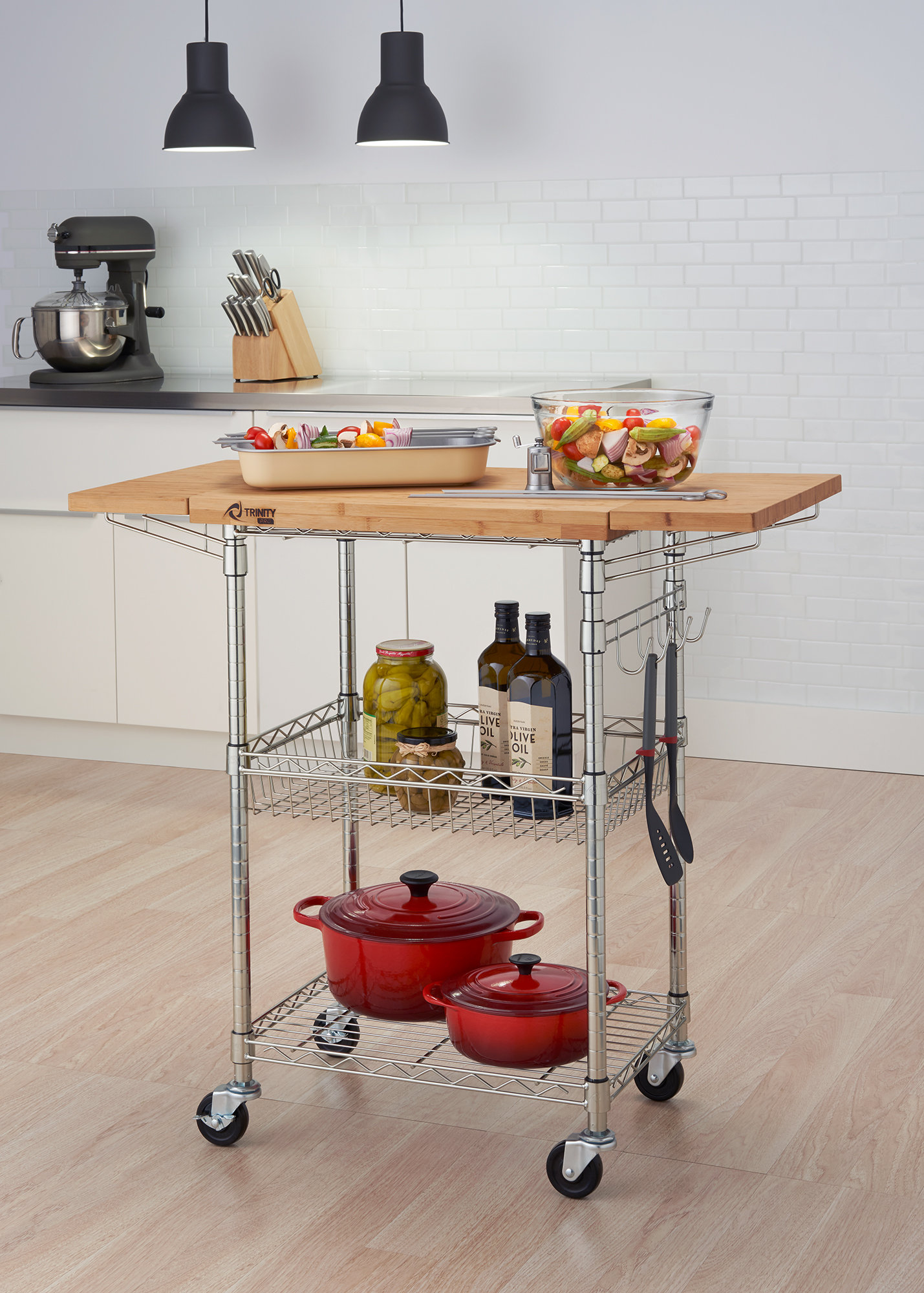 Trinity 39" Steel Kitchen Cart with Expandable Solid Wood Top and ...