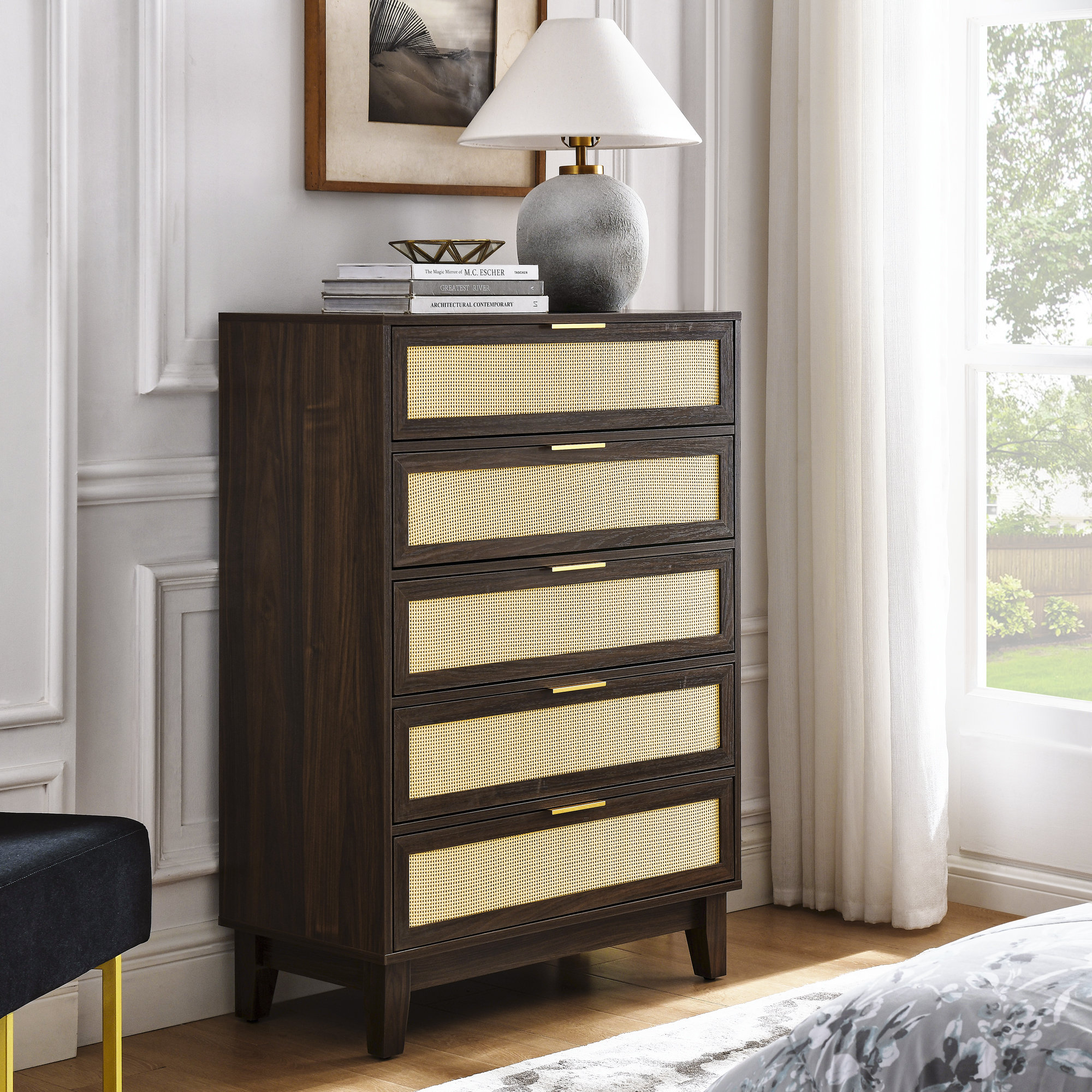 Bay Isle Home™ Modern 5-Drawer Rattan Dresser – Stylish Wooden Chest ...