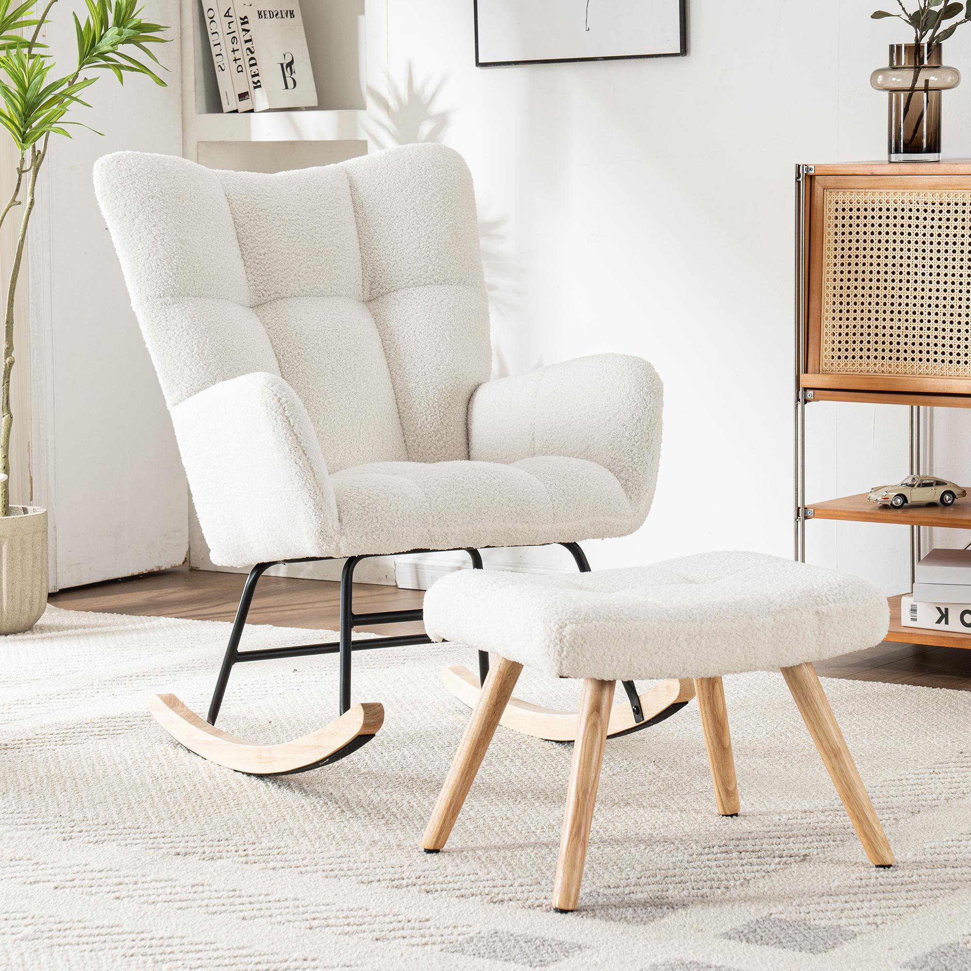 Fjørde & Co Rocking Chair With Footstool Teddy Fabric White | Wayfair.co.uk