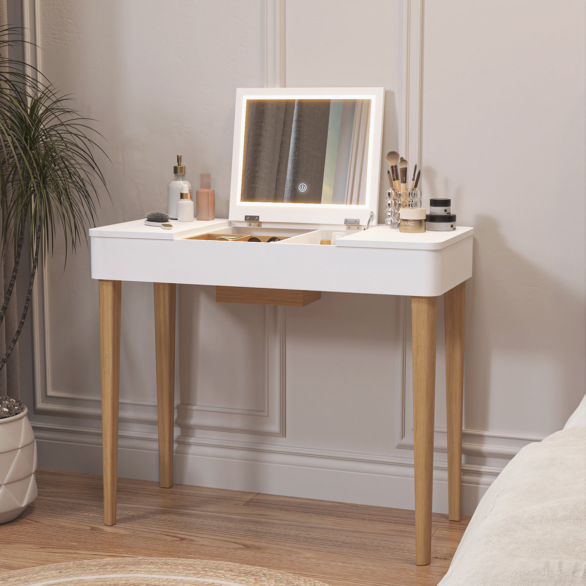 George Oliver Vanity Mirror With Lights and Solid Wood Legs and Flip-Up ...
